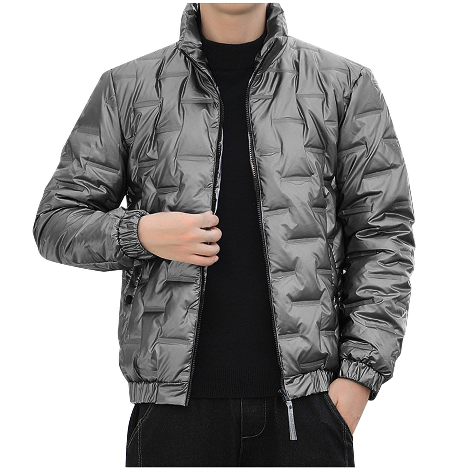 Dolkfu Casual Jackets for Man Full Zip Stand Collar Thicken Solid Color ...