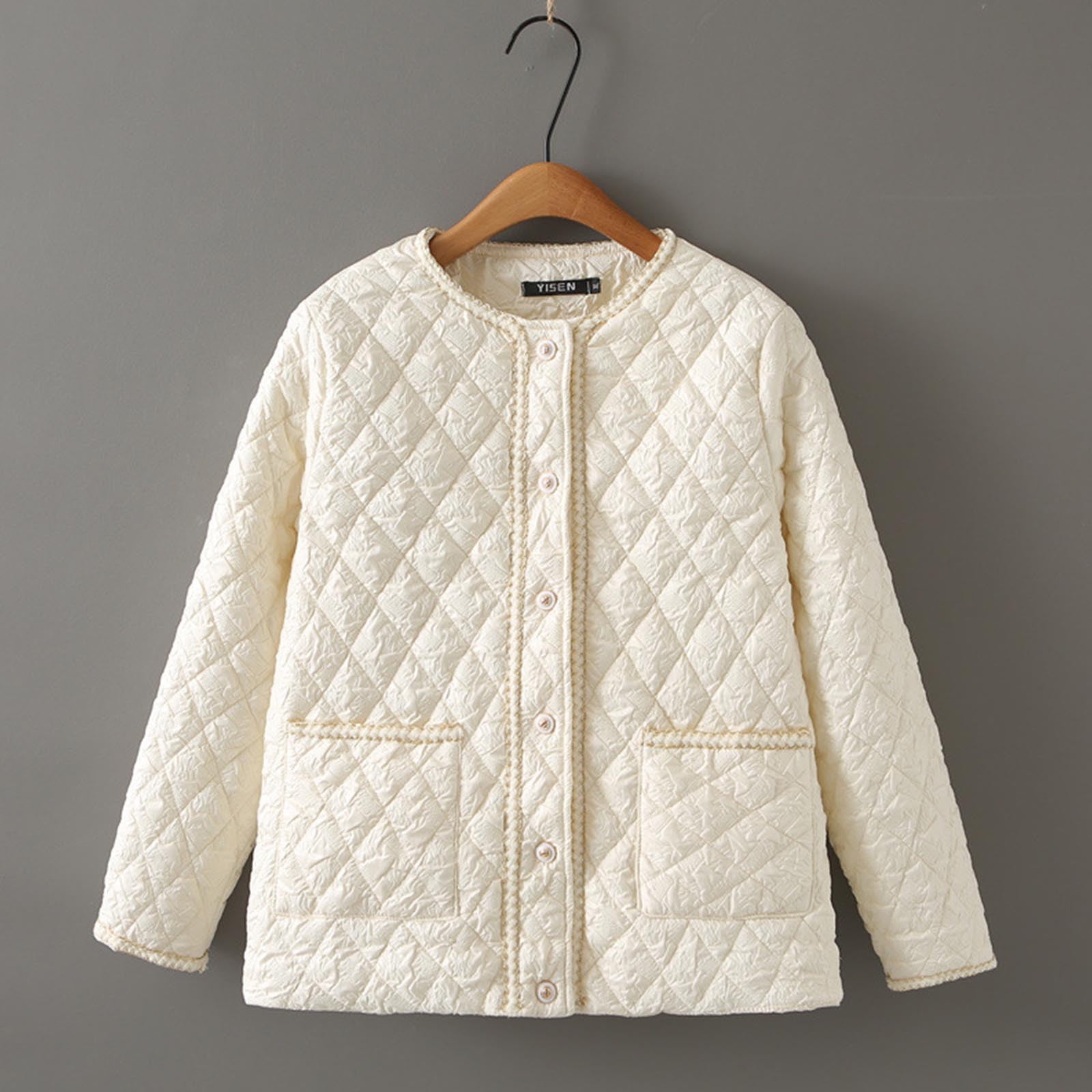 Dolkfu Casual Jackets for Woman Lightweight Quilted Beige Solid Long Sleeve Puffer Jacket Coats ...