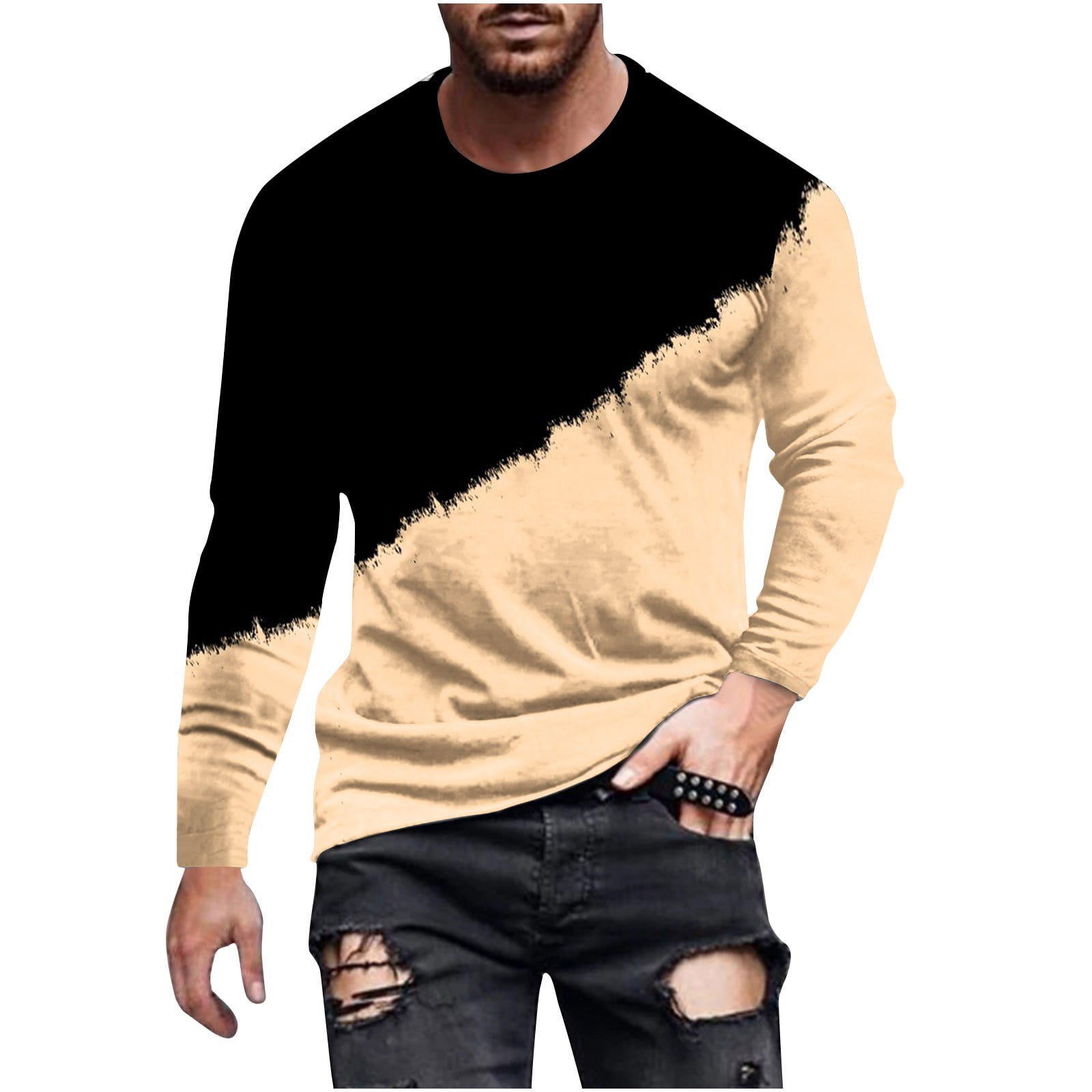 Dolkfu Casual Mens Tee Shirts Color Block Crew Neck Long Sleeve ...