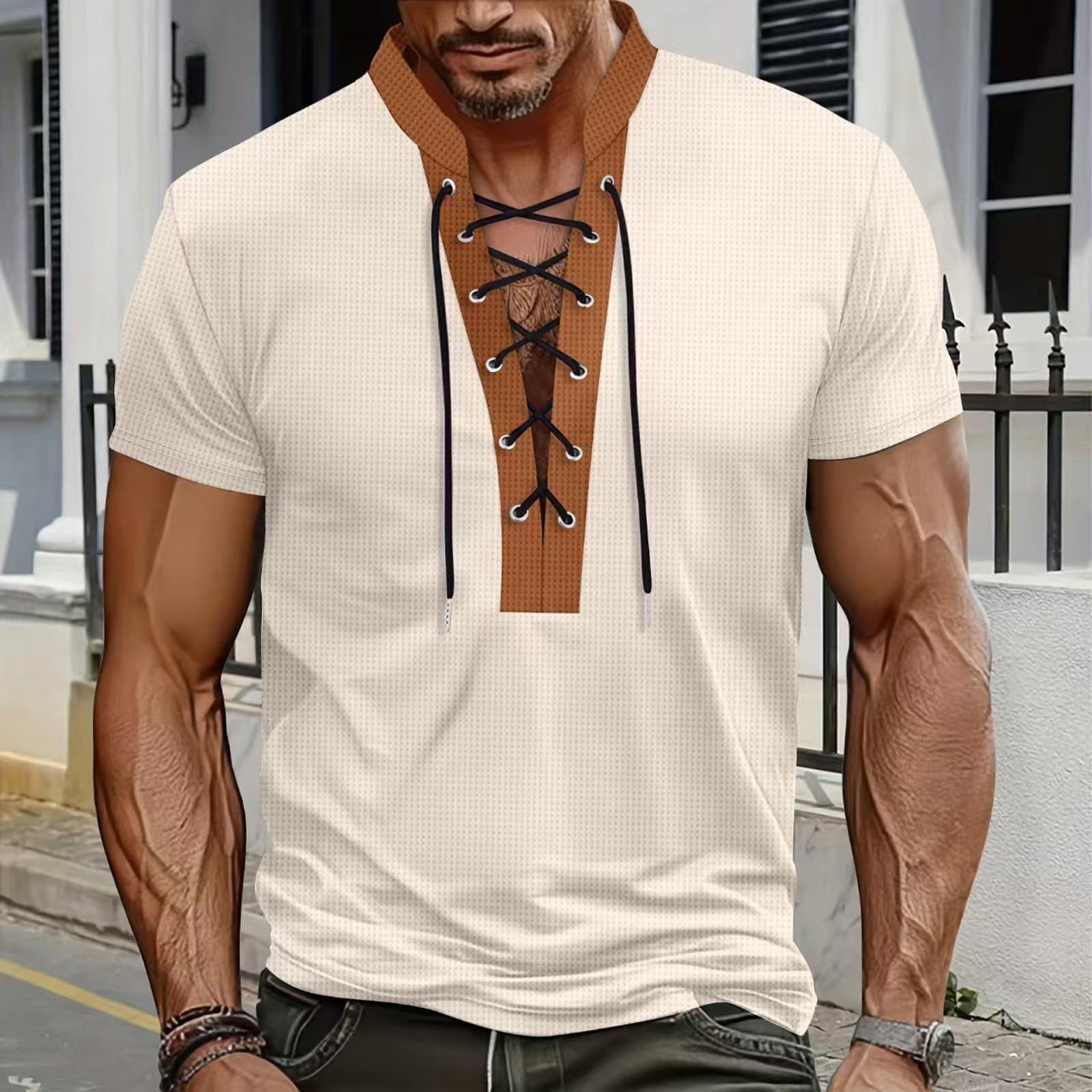 Dolkfu Casual Shirts for Man Lace-up Short Sleeve V Neck Band Collar ...