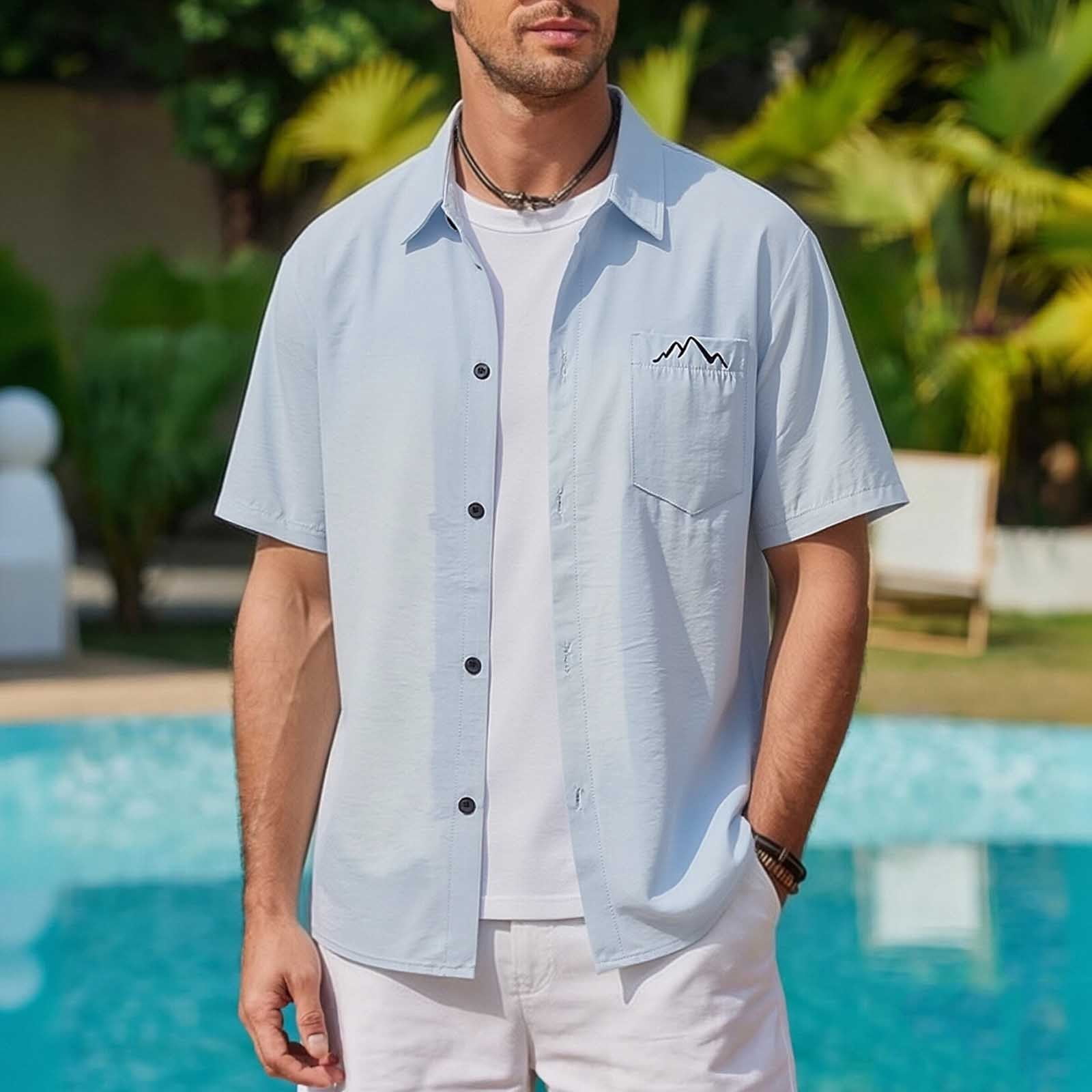 Dolkfu Collared Dress Shirts for Men Short Sleeve Refreshing Blue ...