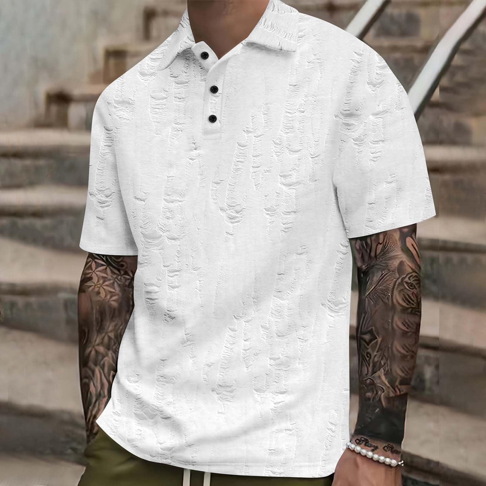 Dolkfu Collared Shirt for Men Short Sleeve Ripped Relaxed Fit Solid Streetwear Po-lo T Shirt ...