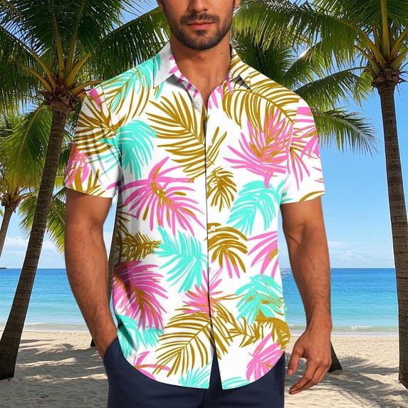 Dolkfu Collared Short Sleeve Button Down Men Short Sleeve Pink Hawaiian ...