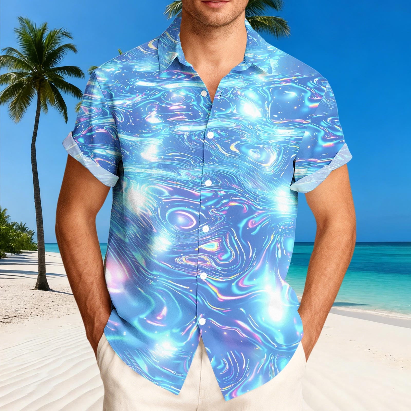 Dolkfu Collared Summer Tops Button Blue Short Sleeve Waves Tops ...