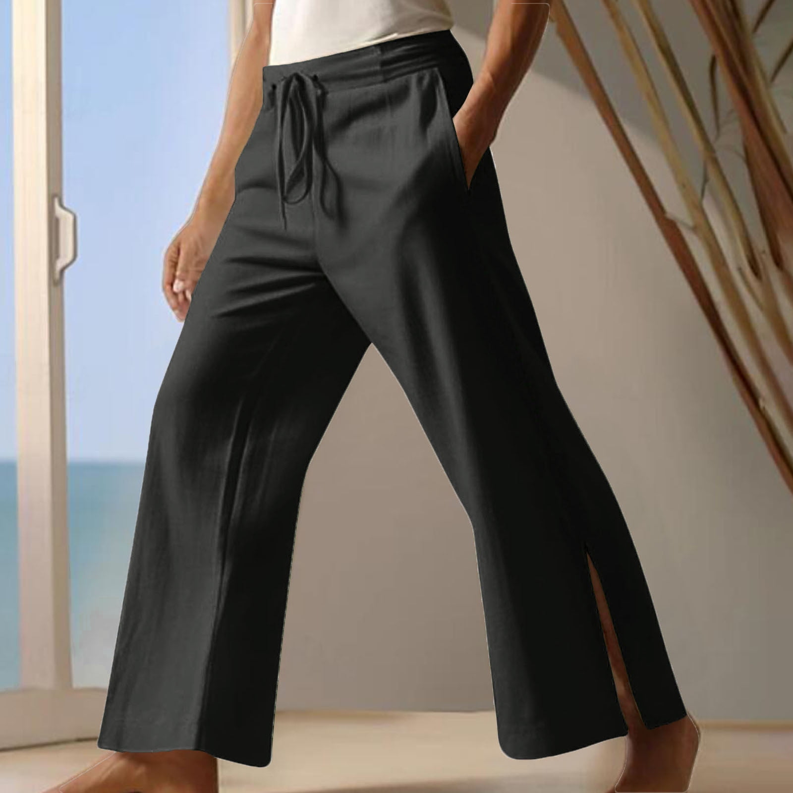 Dolkfu Cotton Linen Men Pants Casual Black Bell Bottom Drawstring Slit ...