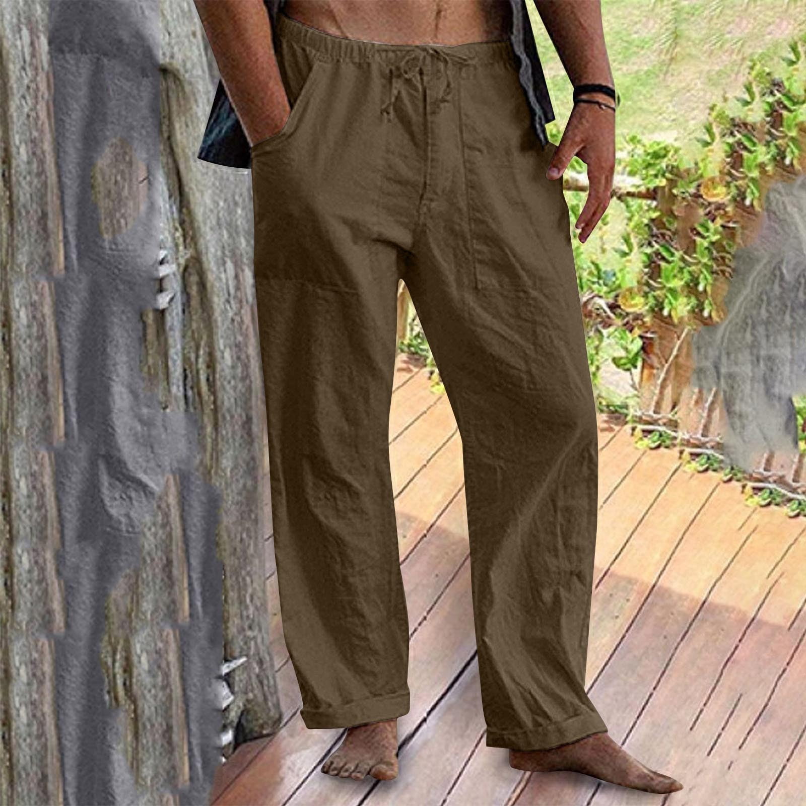 Dolkfu Cotton Linen Men Pants Lounge Pants Comfy Drawstring Elastic ...