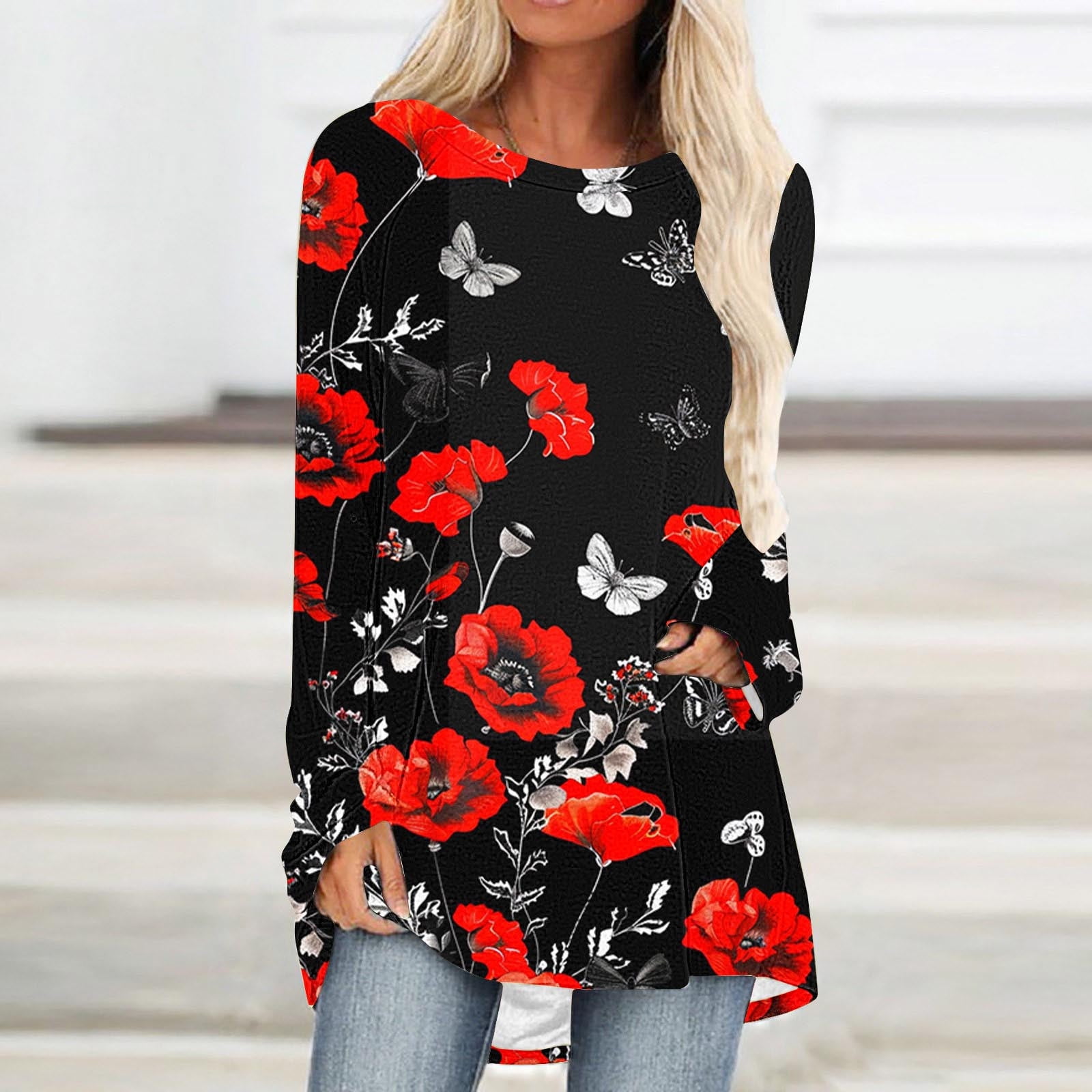 Dolkfu Crew Neck 70s Tops for Women Long Sleeve Red Graphic Comfy ...