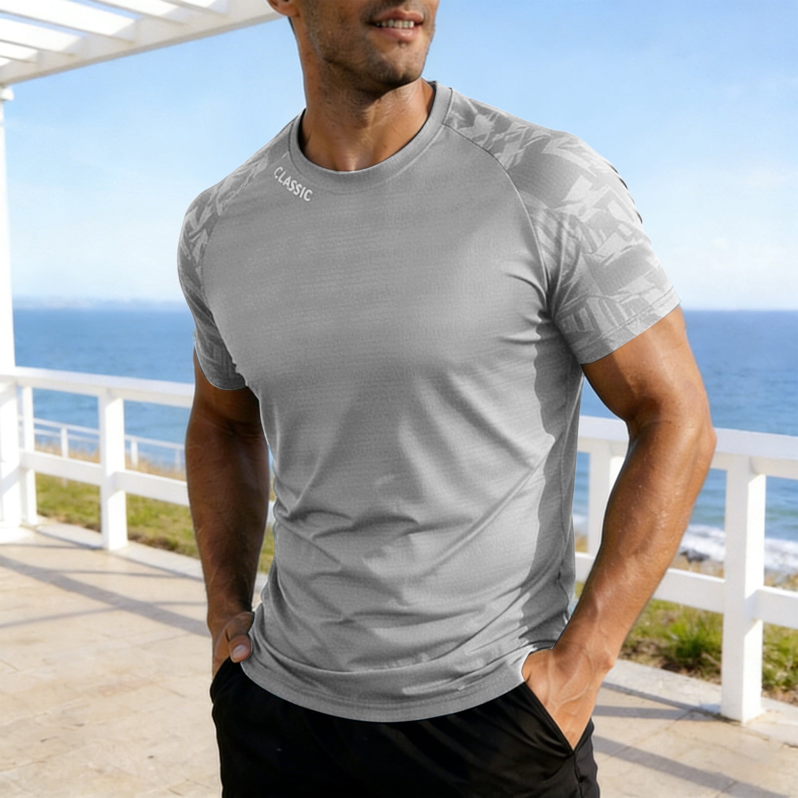 Dolkfu Crew Neck Men'S Shirts Gray Minimalist Short Sleeve Tops Casual ...