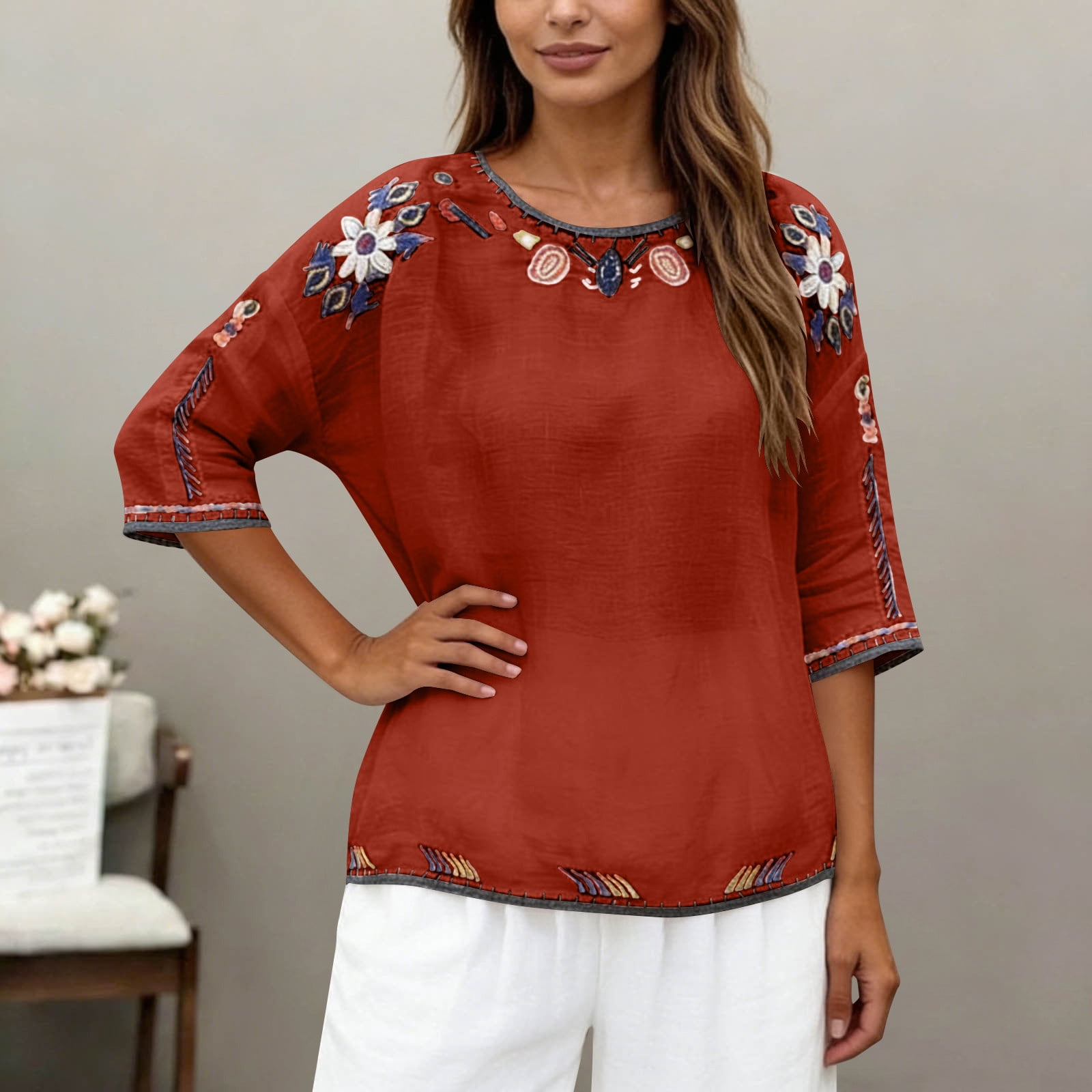 Dolkfu Crew Neck Summer Tops for Women Boho Pull-on Red Elbow-Length ...