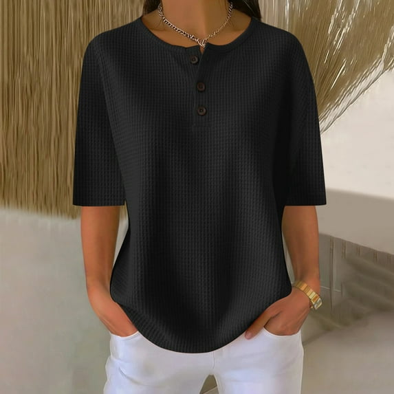 Dolkfu Crew Neck Tops Women Short Sleeve Black Waffle T-Shirts Button ...