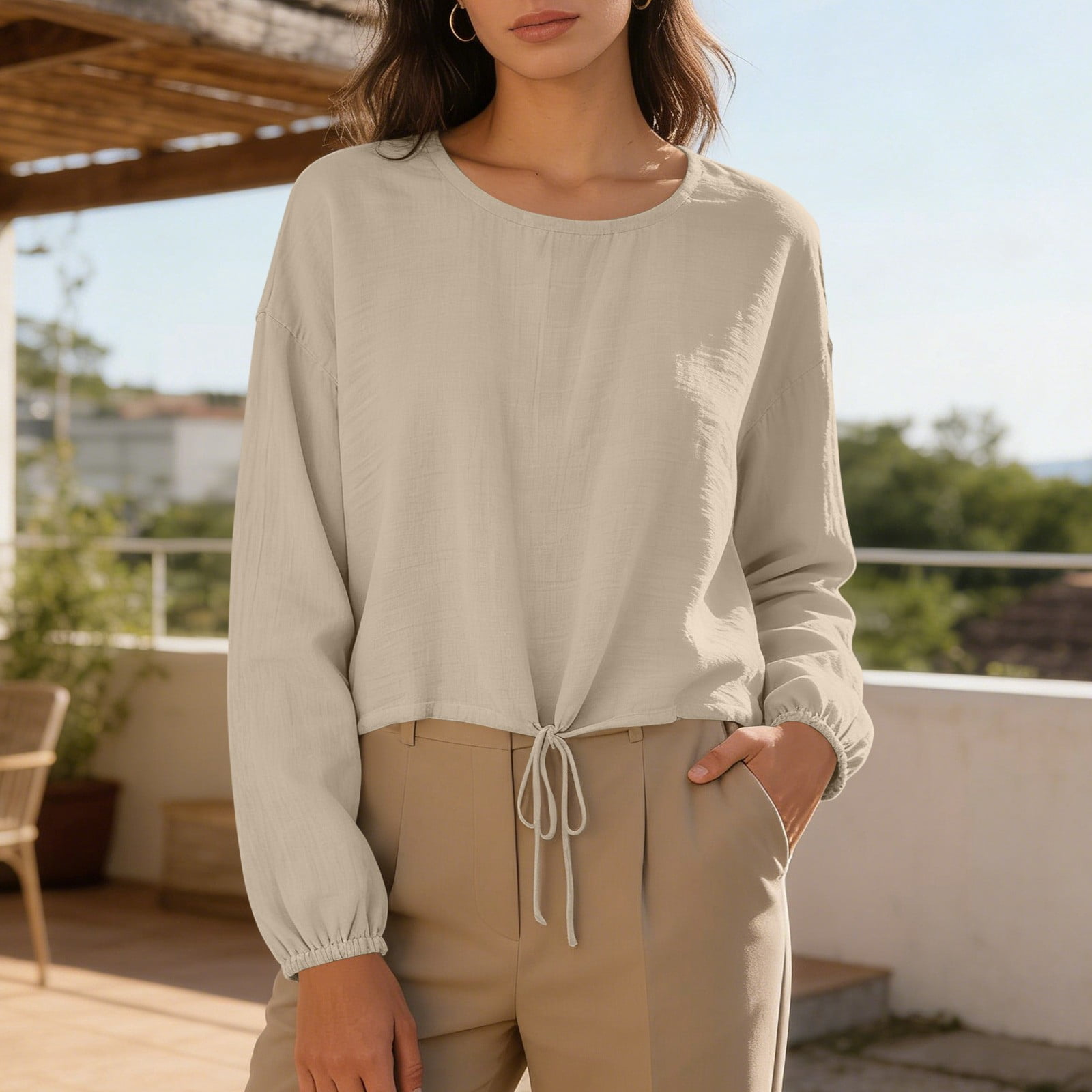 Dolkfu Crew Neck Women'S Summer Tops Gray Long Sleeve Minimalist Pull ...