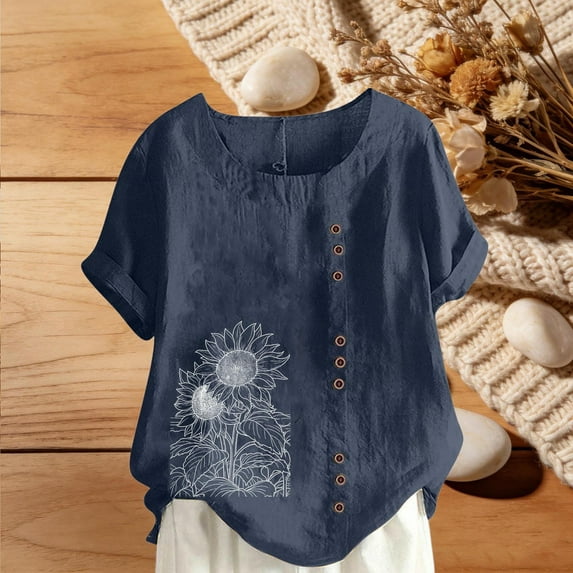 Dolkfu Crew Neck Women's Tops Short Sleeve Linen Blue T-Shirts Loose ...