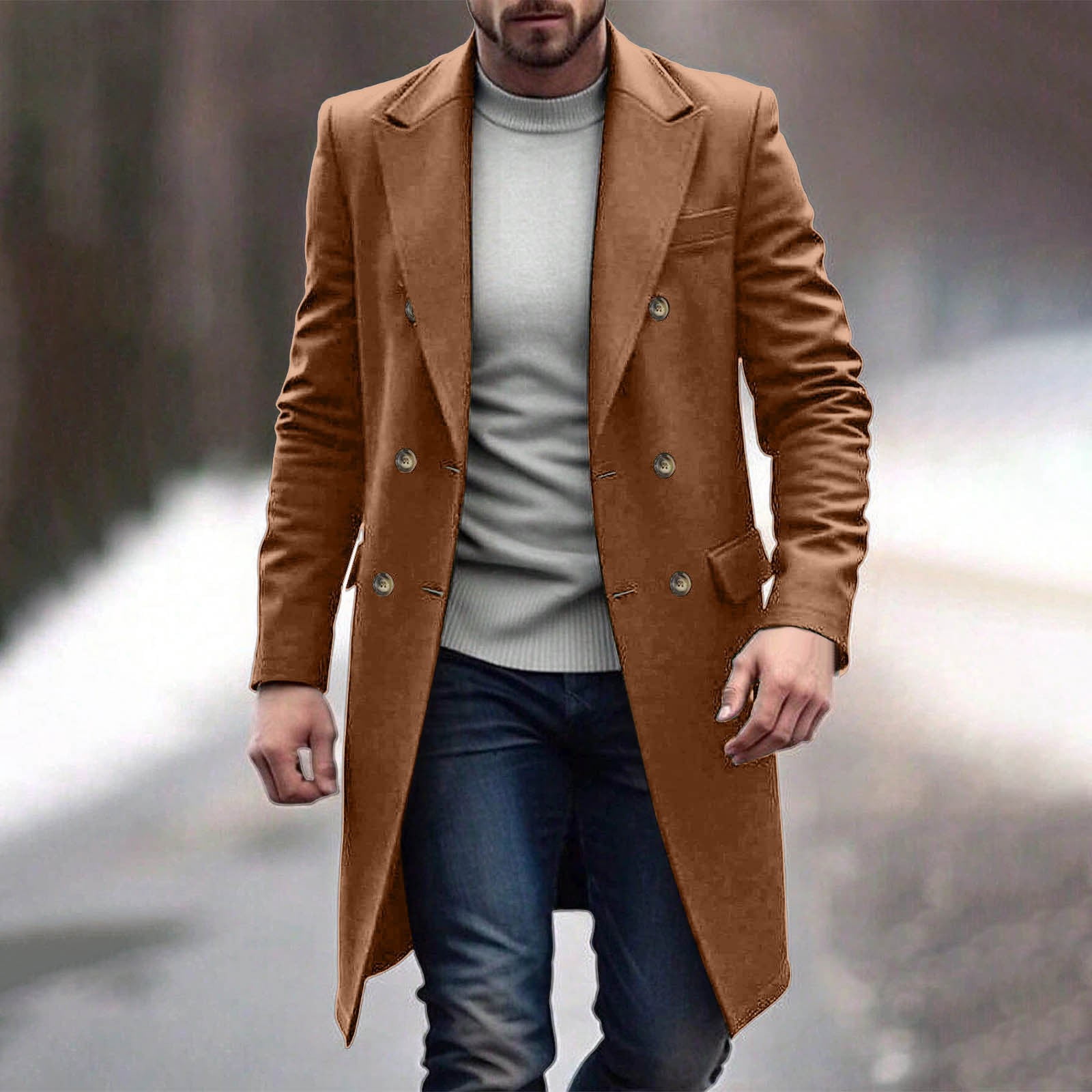 Dolkfu Double Breasted Jacket for Men Brown Woolen Windbreaker Notched ...