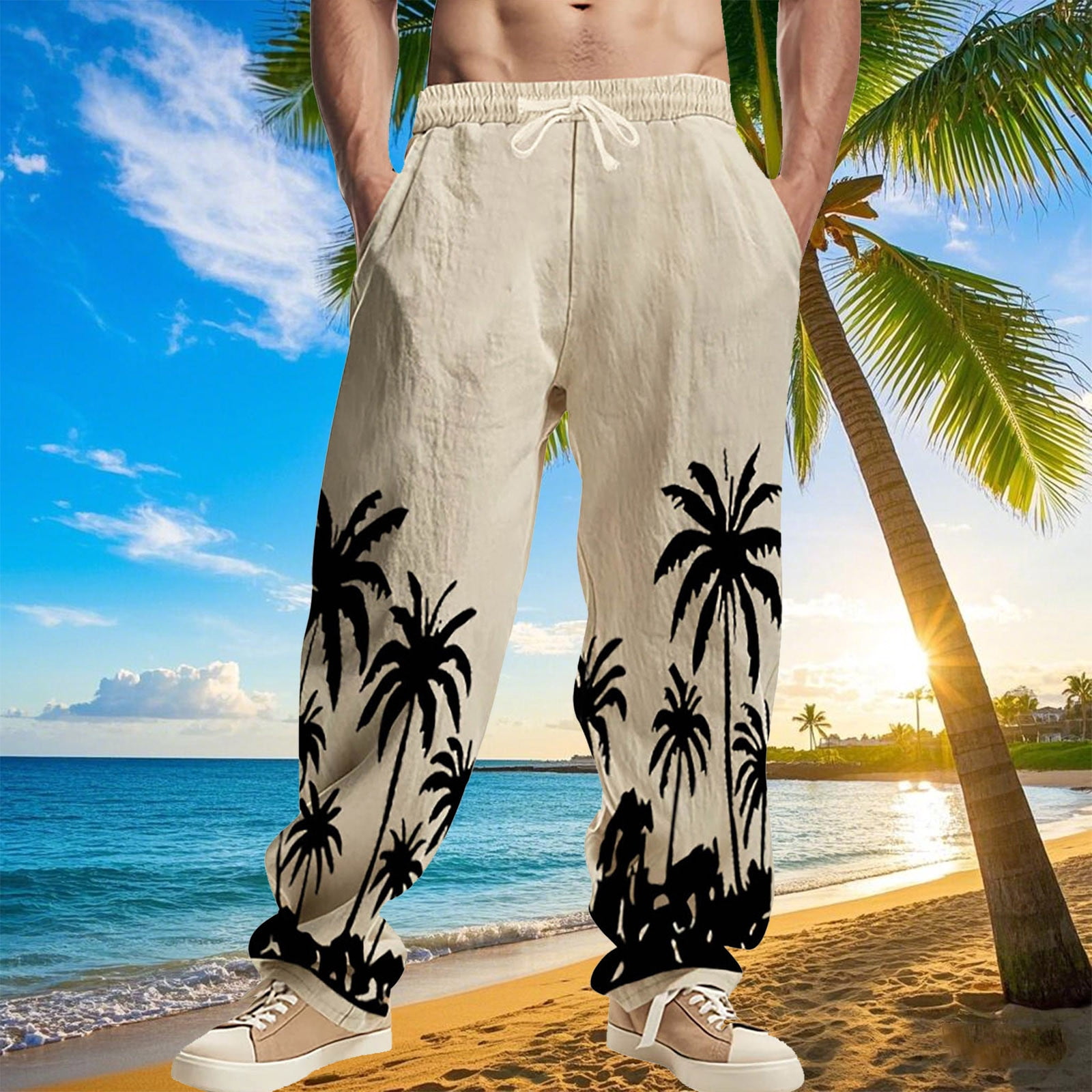 Dolkfu Drawstring 2025 Trendy Mens Pants Cotton Linen Hawaiian Printing ...