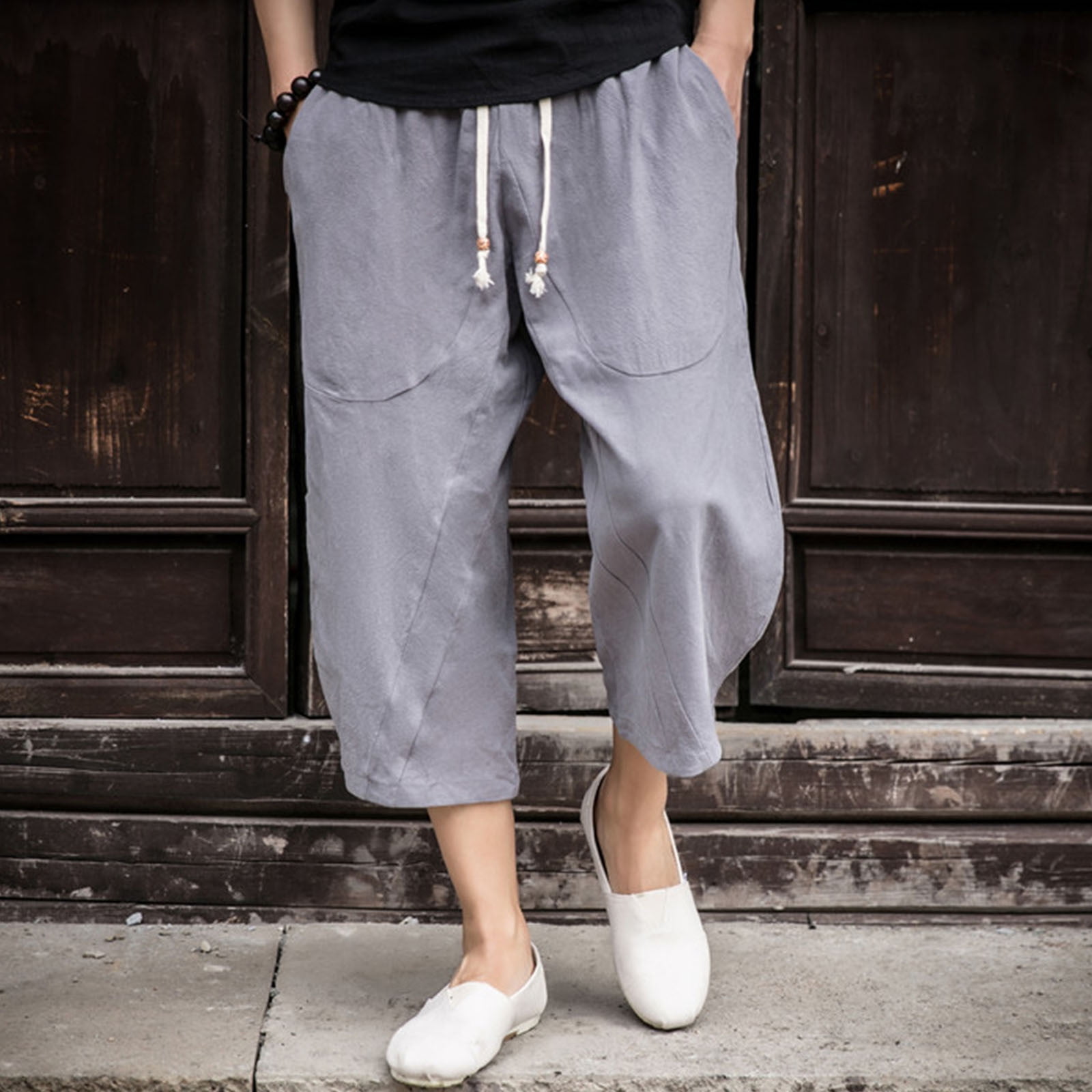 Dolkfu Drawstring Pants Mens Capri Elastic Waist Moisture-Wicking ...