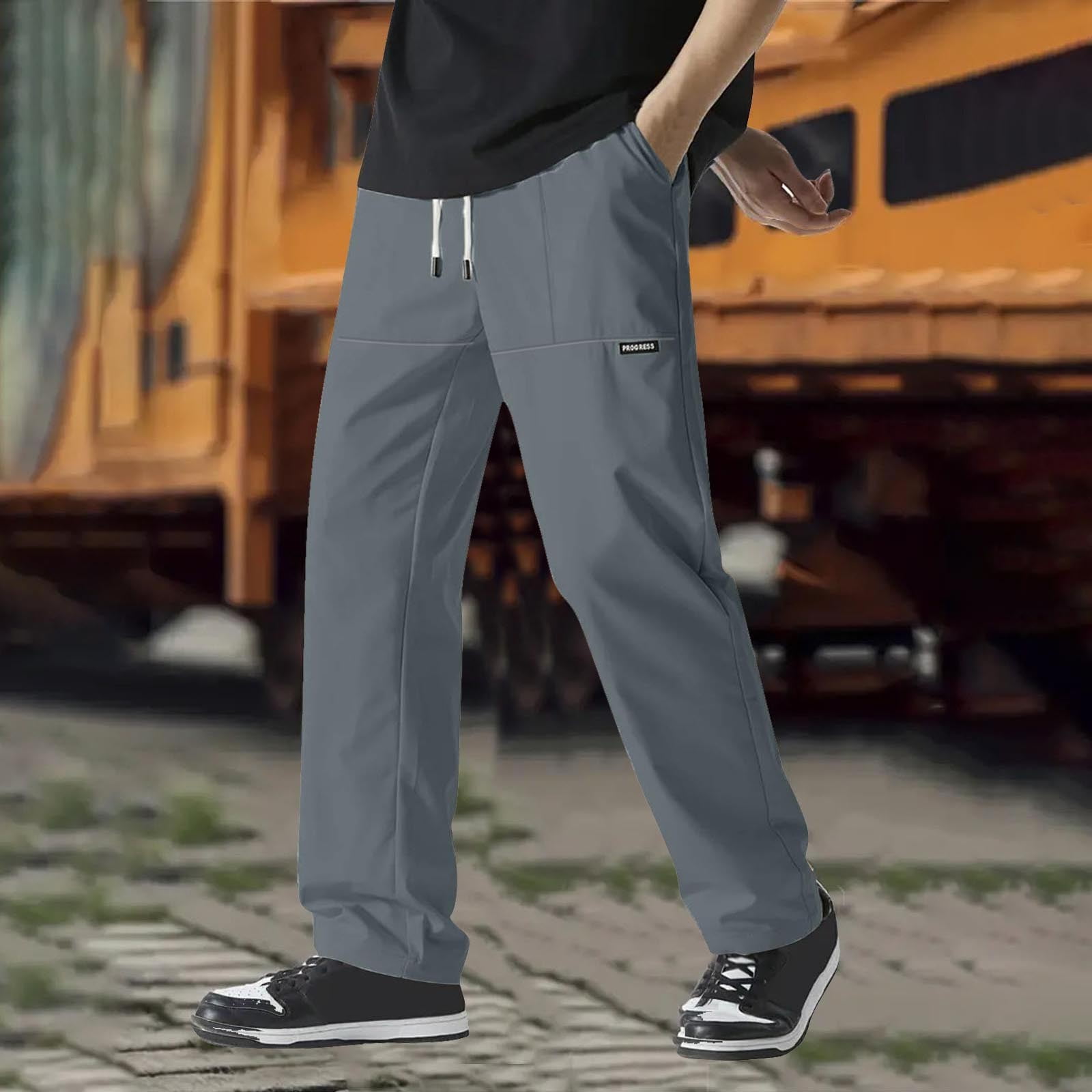 Dolkfu Drawstring Pants for Men Gray Elastic Waist Straight Leg Relaxed ...