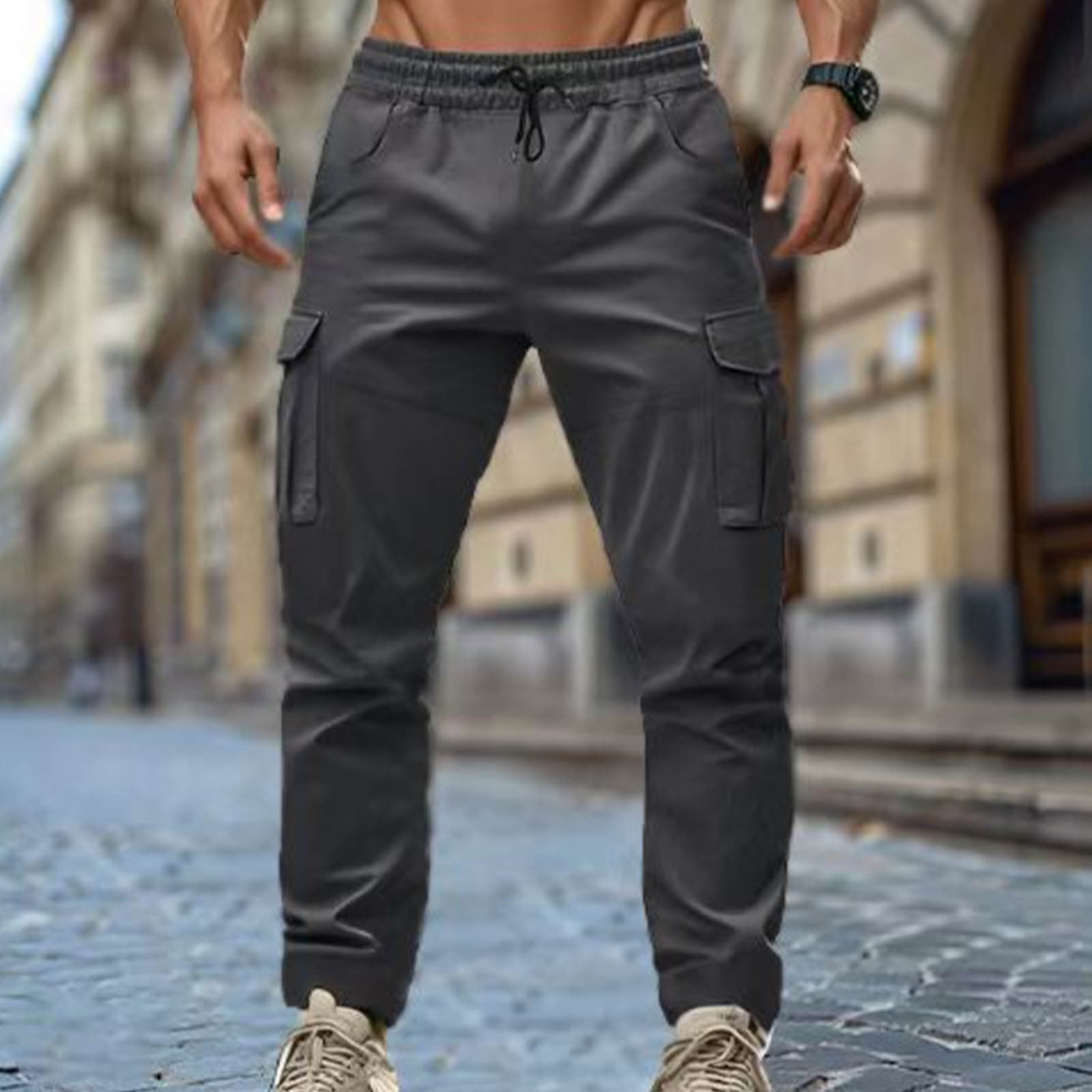 Dolkfu Drawstring Summer Men Pants Athletic Multi Pocket Elastic Waist ...