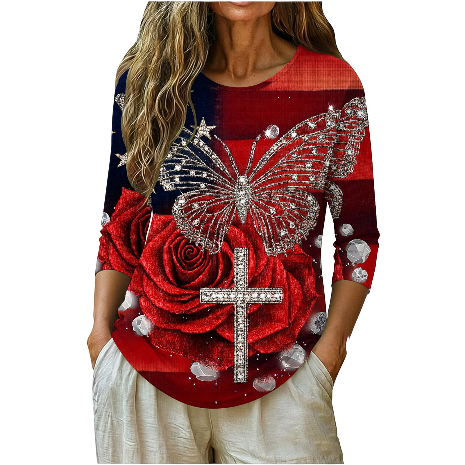 Dolkfu Elbow-Length Tops for Women Trendy Red Crew Neck Independence ...