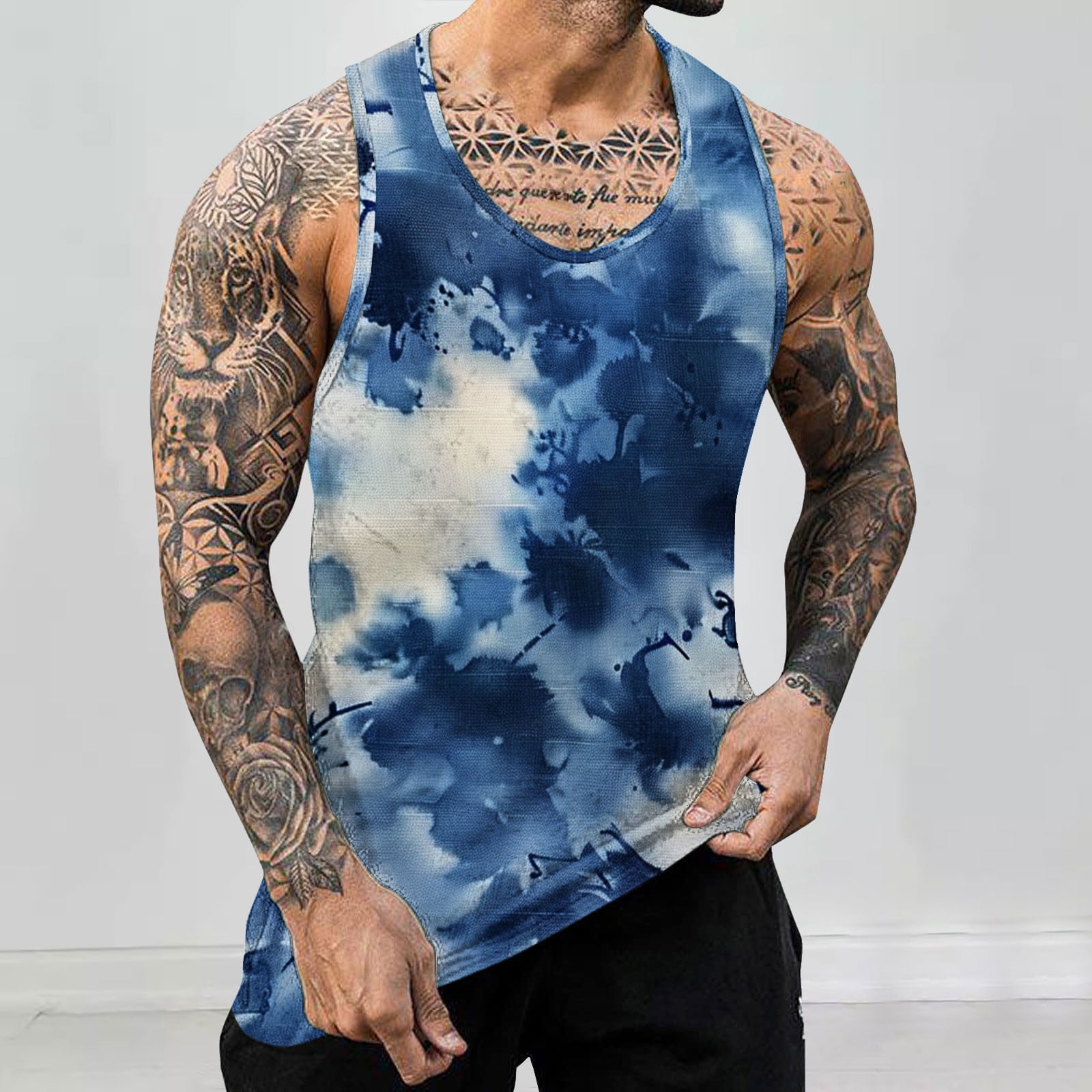 Dolkfu Exercise Men's Muscle Shirts Blue Sleeveless Tie Dye Workout Basketball Tank Tops Tees ...