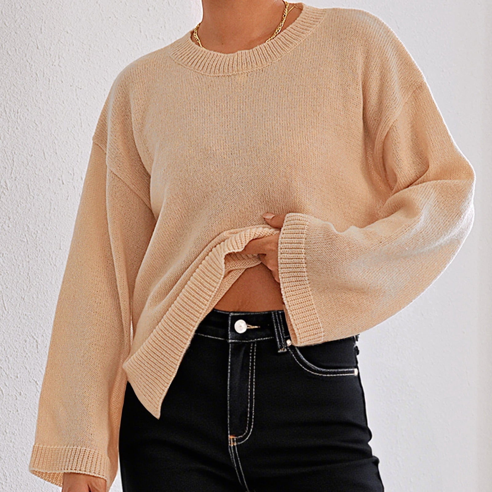 Dolkfu Fall Sweaters for Women Trendy Beige Pullover Solid Side Slit ...