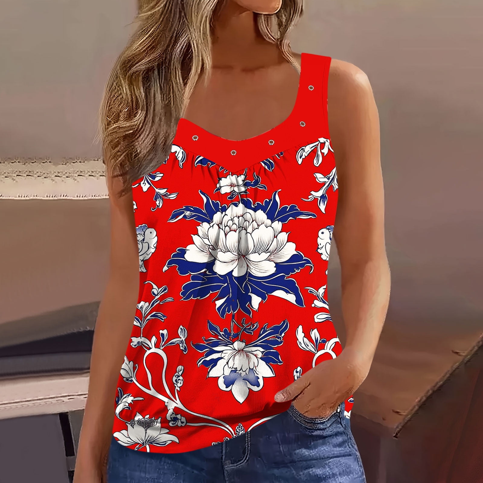 Dolkfu Floral Fashion Tops for Women Trendy Stretch V Neck Tank Tops ...