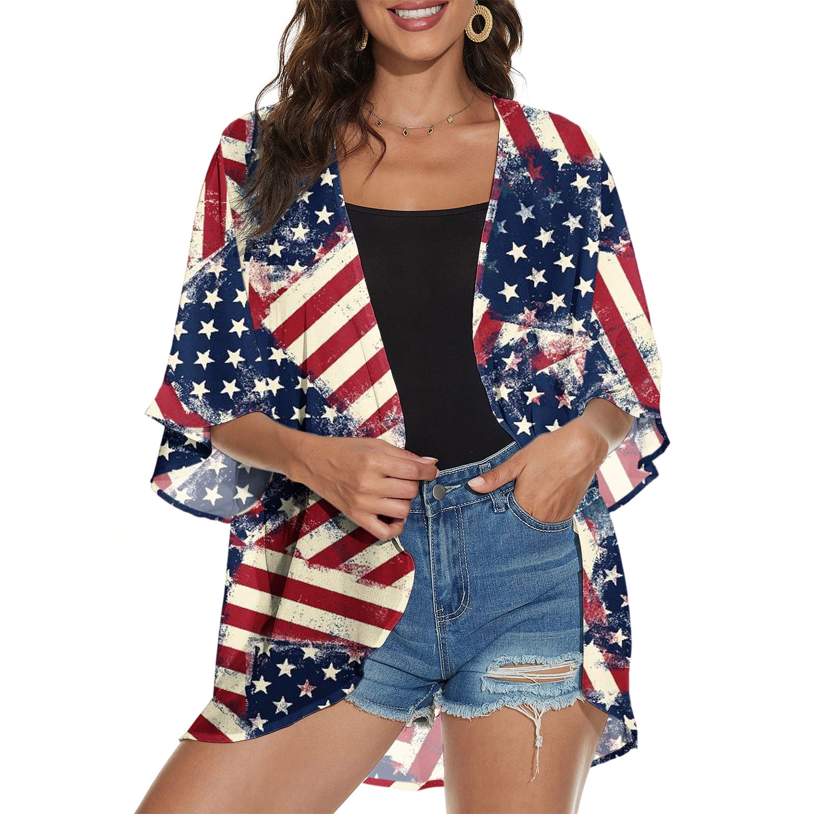 Dolkfu Fourth of July Coverup American Flag Print Puff Sleeve Kimono ...