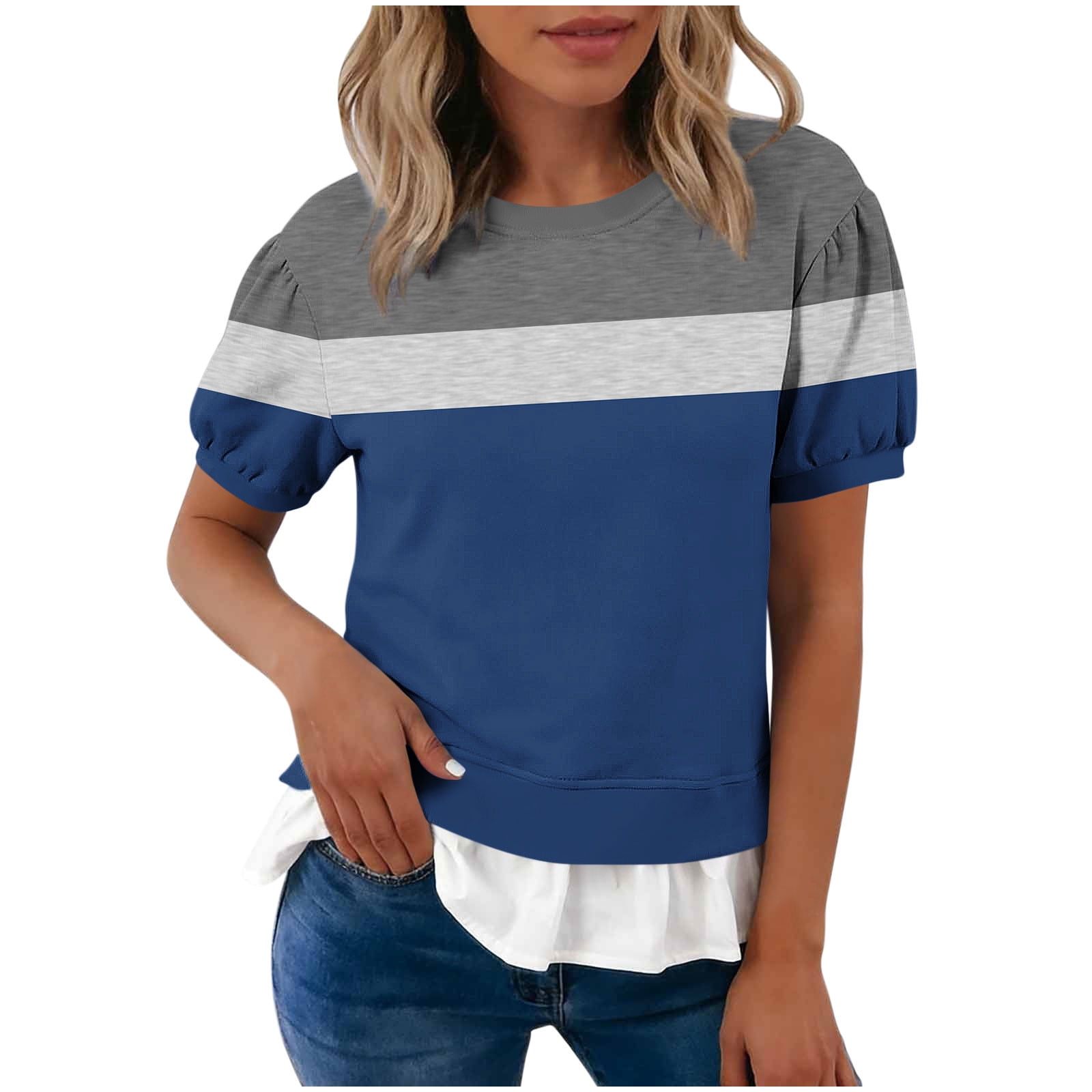 Dolkfu French Chic Women'S Summer Tops Blue Crew Neck Pull-On Short ...