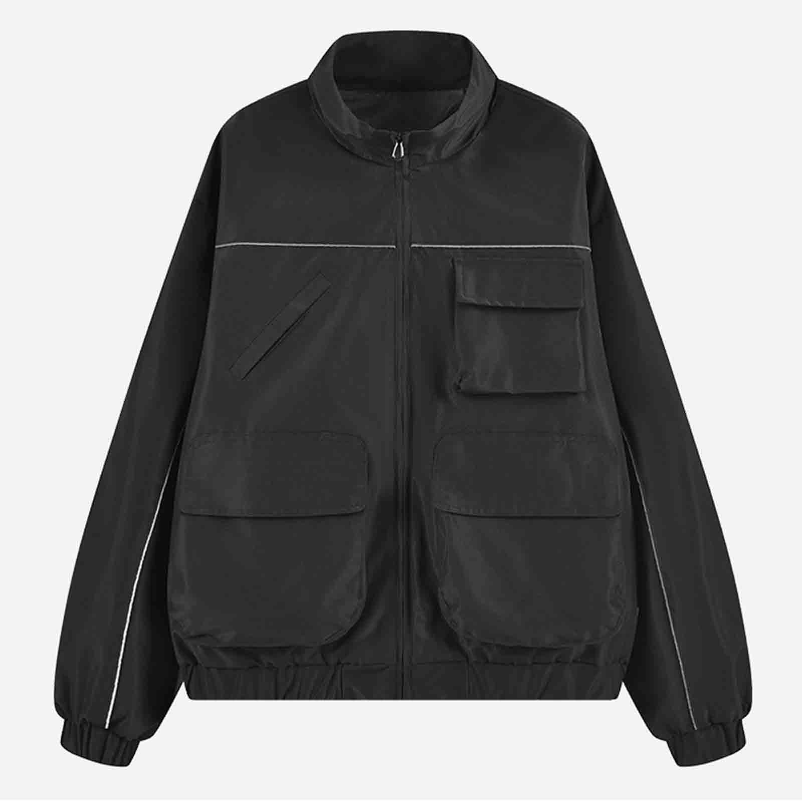 Dolkfu Full Zip Mens Jackets Stand up Collar Black Windbreaker Solid ...