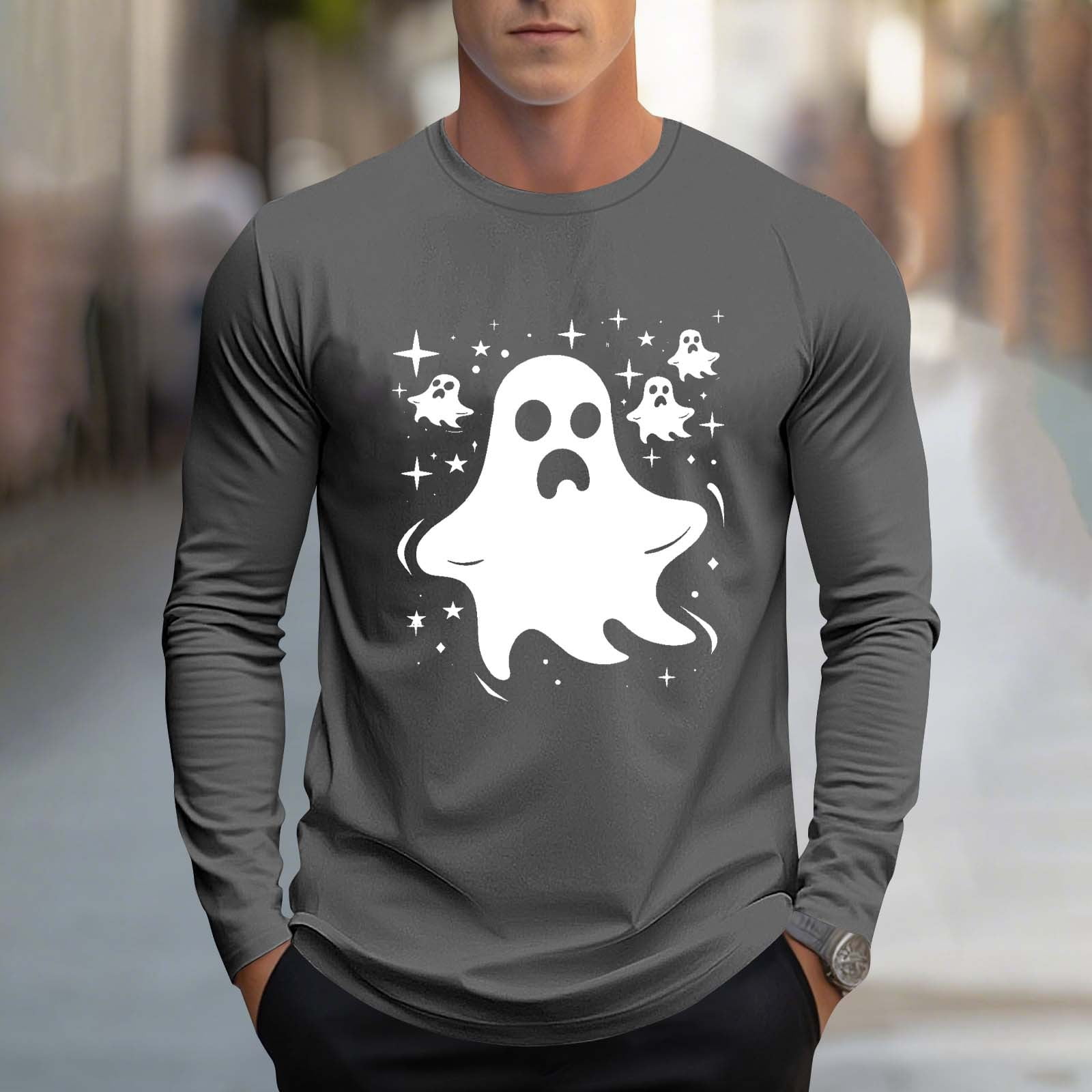 Dolkfu Ghost Printed Shirts Men Gym Graphic Tees Crew Neck Long Sleeve ...