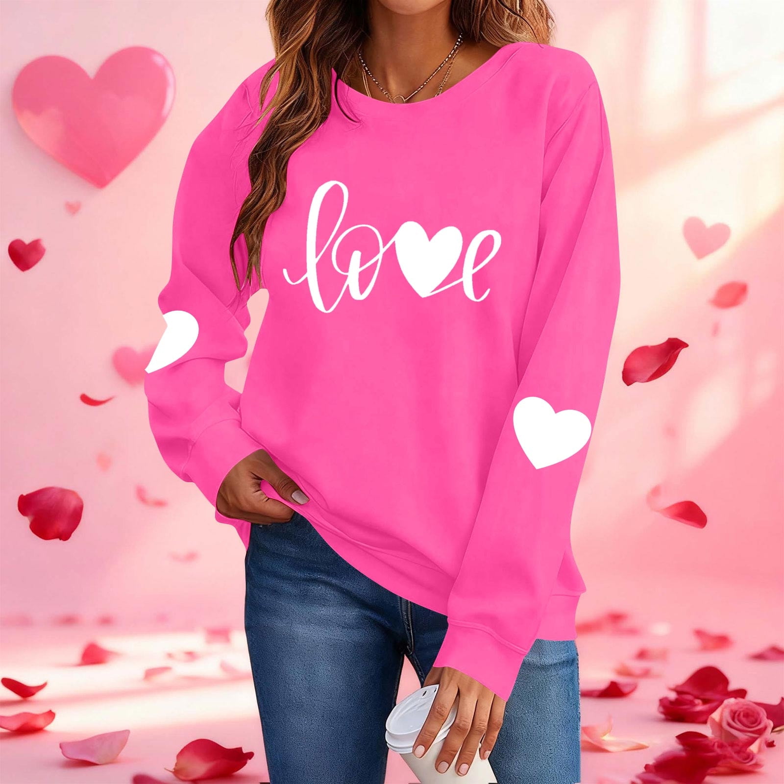 Dolkfu Graphic Womens Crewneck Sweatshirt Valentines Day Pink Heart ...