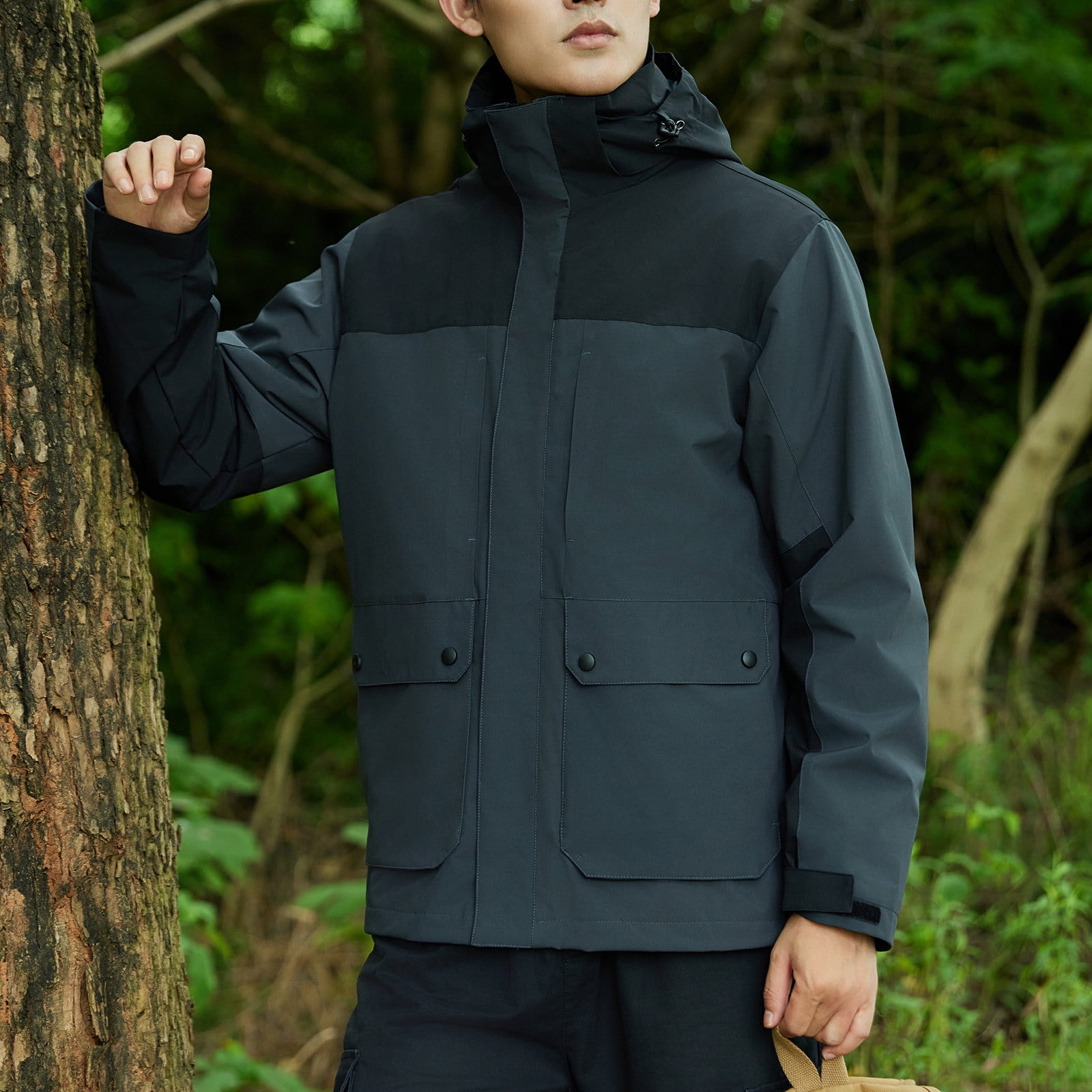 Dolkfu Gray Jackets for Men Fleece Lined 3 in 1 Windbreaker Hooded ...