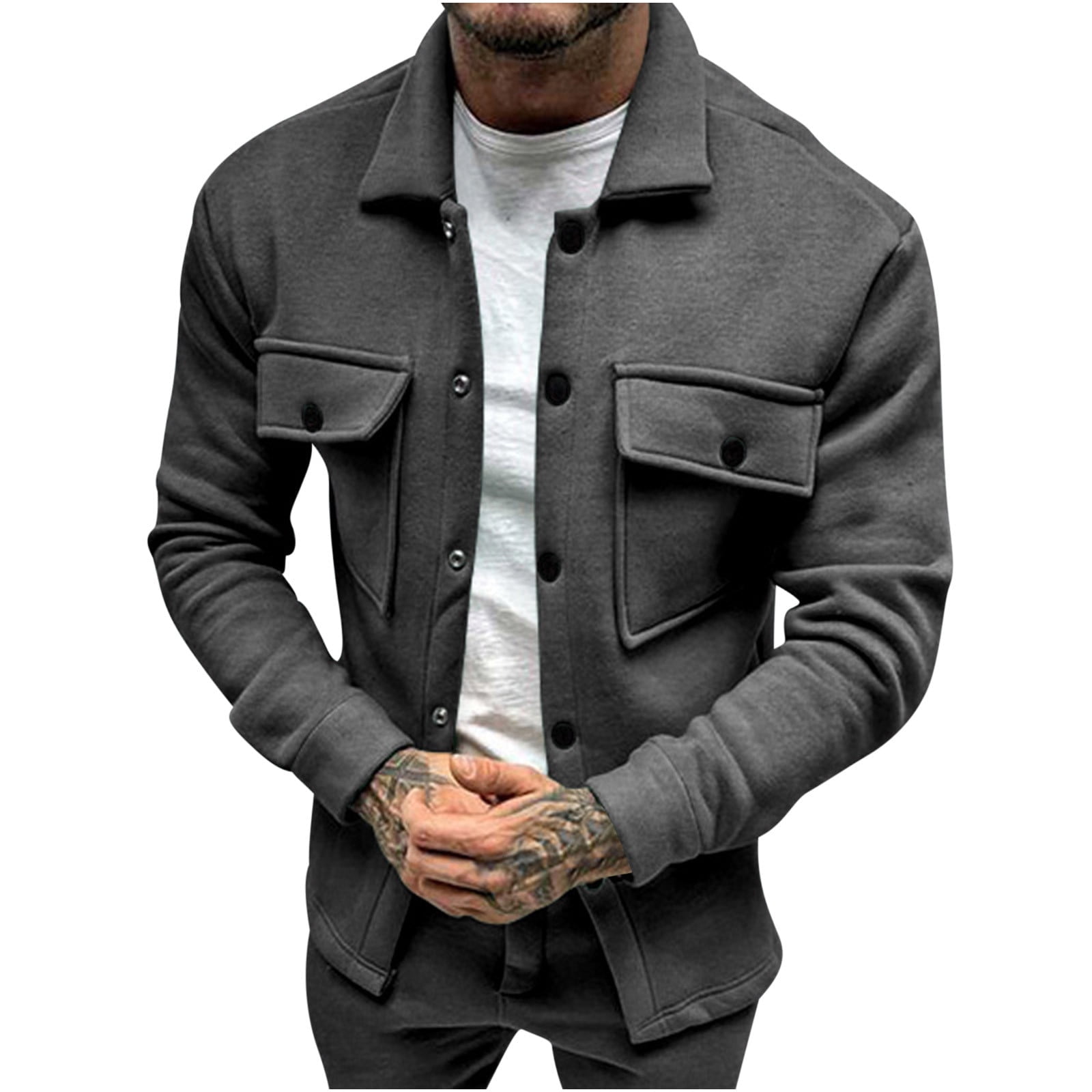 Dolkfu Gray Mens Jackets Lapel Collar Casual Work Trucker Jacket Button ...