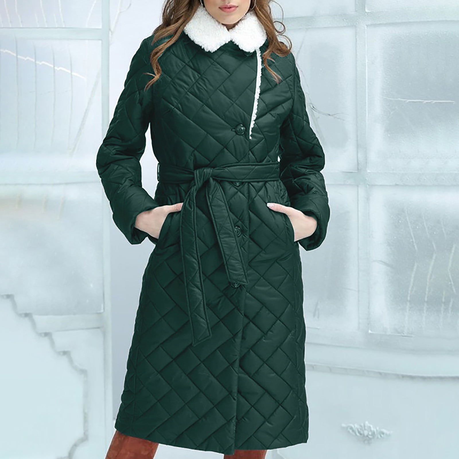 Dolkfu Green Jacket for Women Long Belt Button Solid Puffer Jacket Womens Warm Coats XL ...