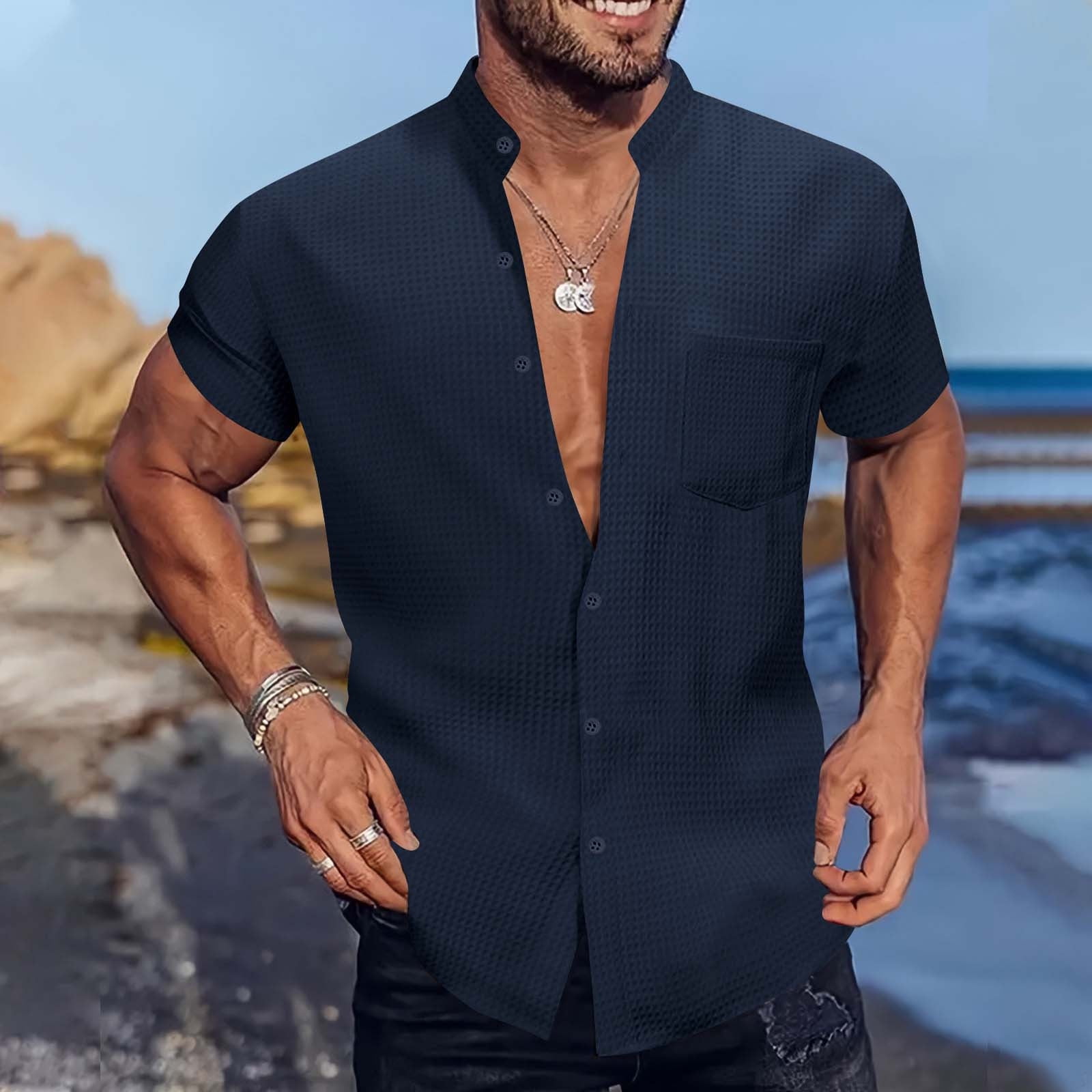 Dolkfu Men's Shirts Short Sleeve Beach Solid Band Collar Textured Button Down Shirt Mens Summer ...