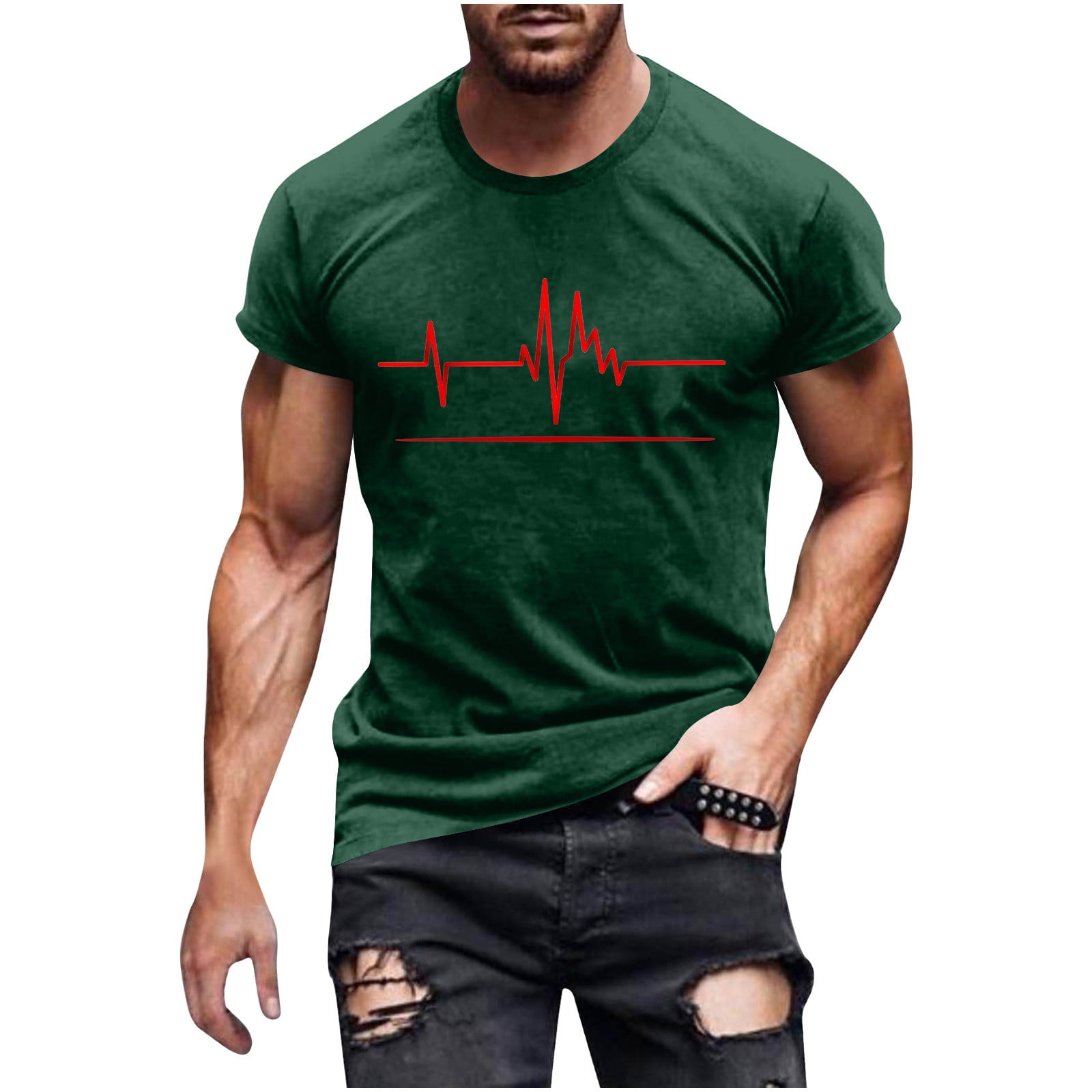 Dolkfu Green Shirts Mens Short Sleeve Relaxed Fit Ecg Printed Pullover ...