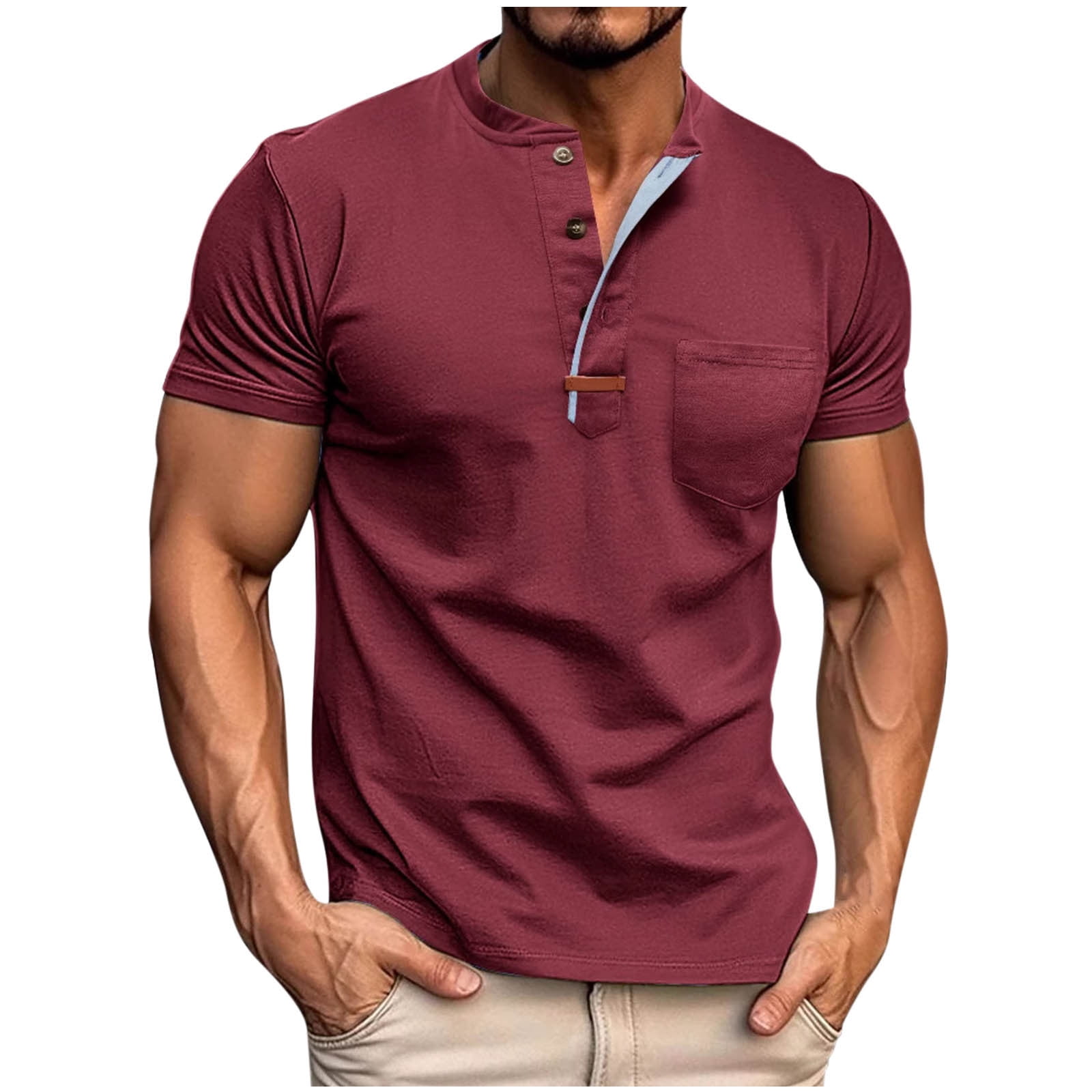 Dolkfu Henley Nice Shirts for Men Short Sleeve Red Button Up Solid Color Slim Fit Vintage ...