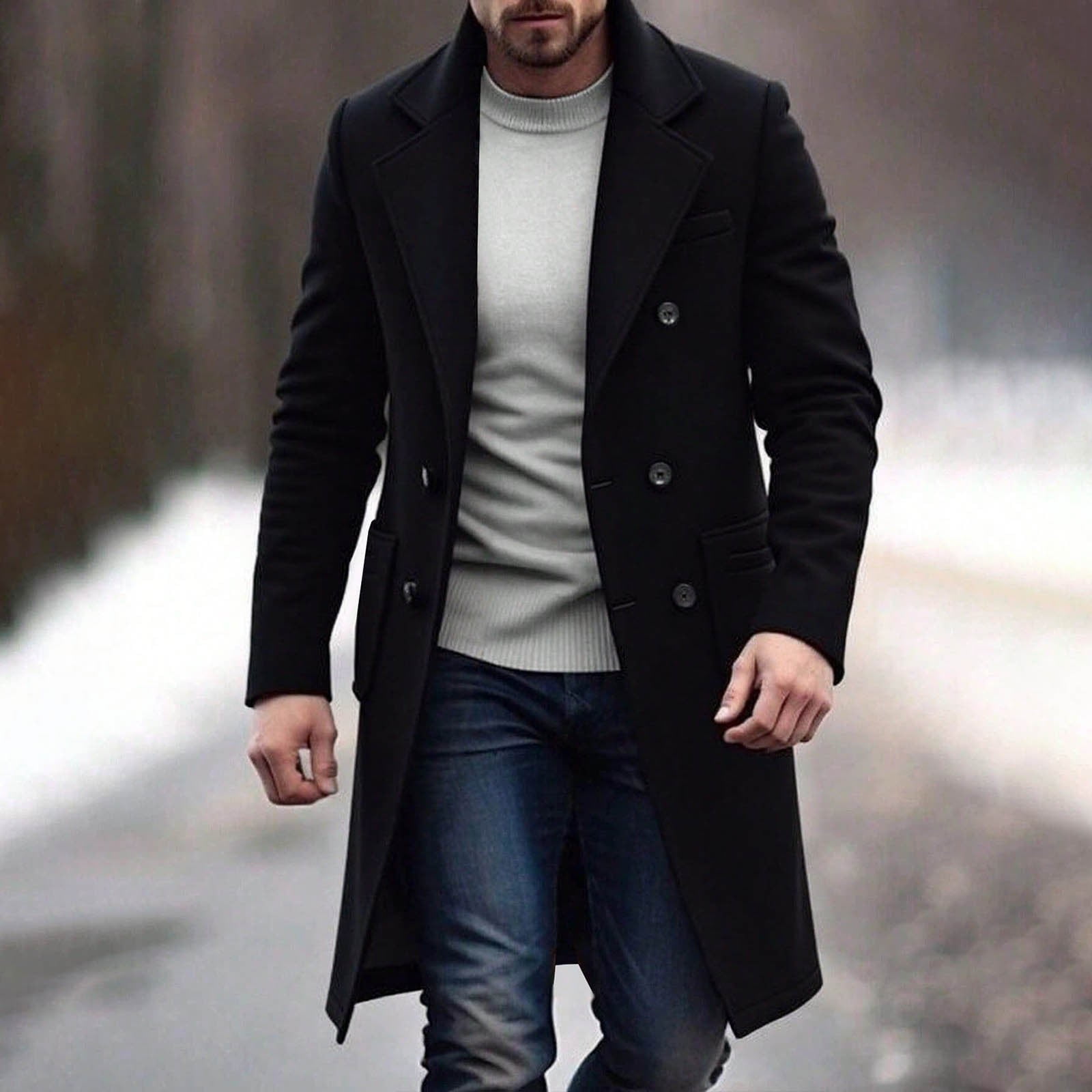 Dolkfu Jackets for Men Double Breasted Woolen Black Overcoats Notched ...