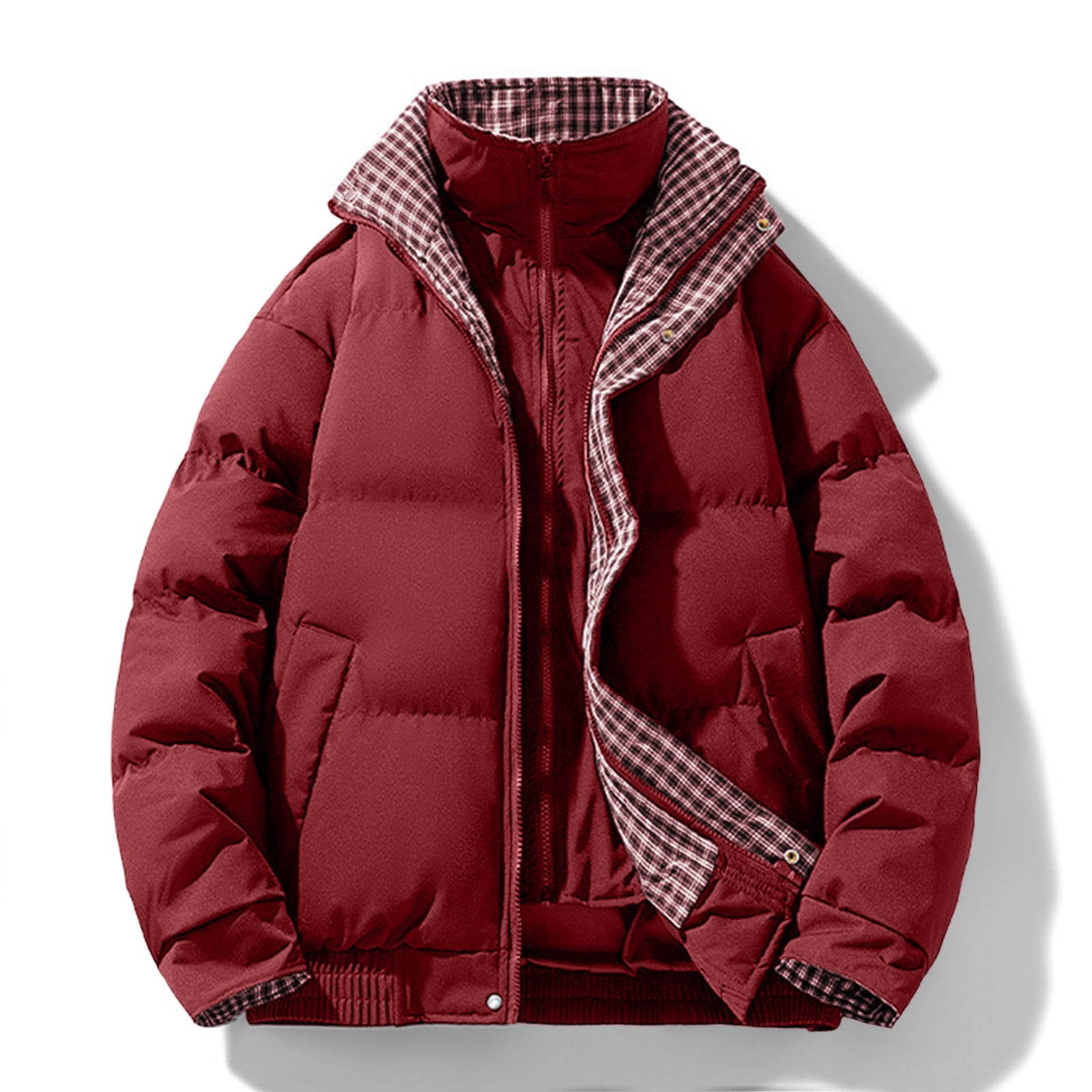 Dolkfu Jackets for Men Heavyweight Red Full Zip Stand Collar Puffer ...