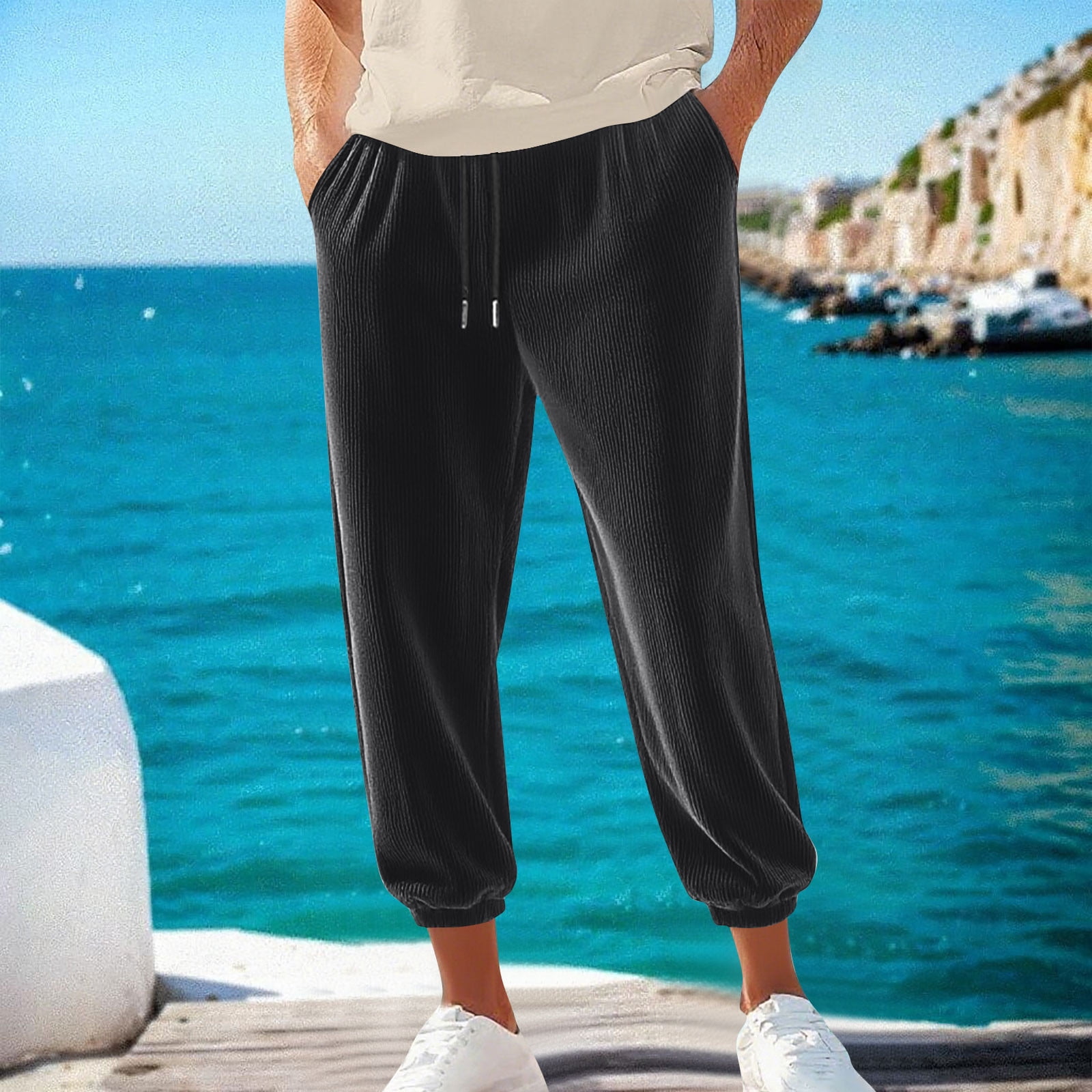 Dolkfu Jogger Pants for Men Black Cropped Elastic Waist Fitness ...