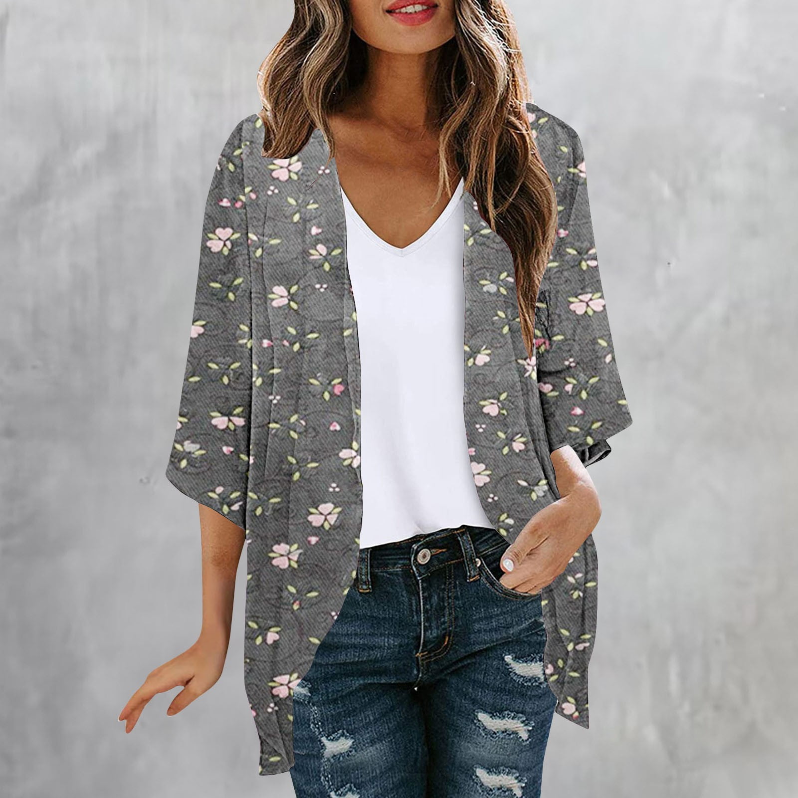 Dolkfu Kimonos for Women Floral Print Puff Sleeve Cardigan Loose ...