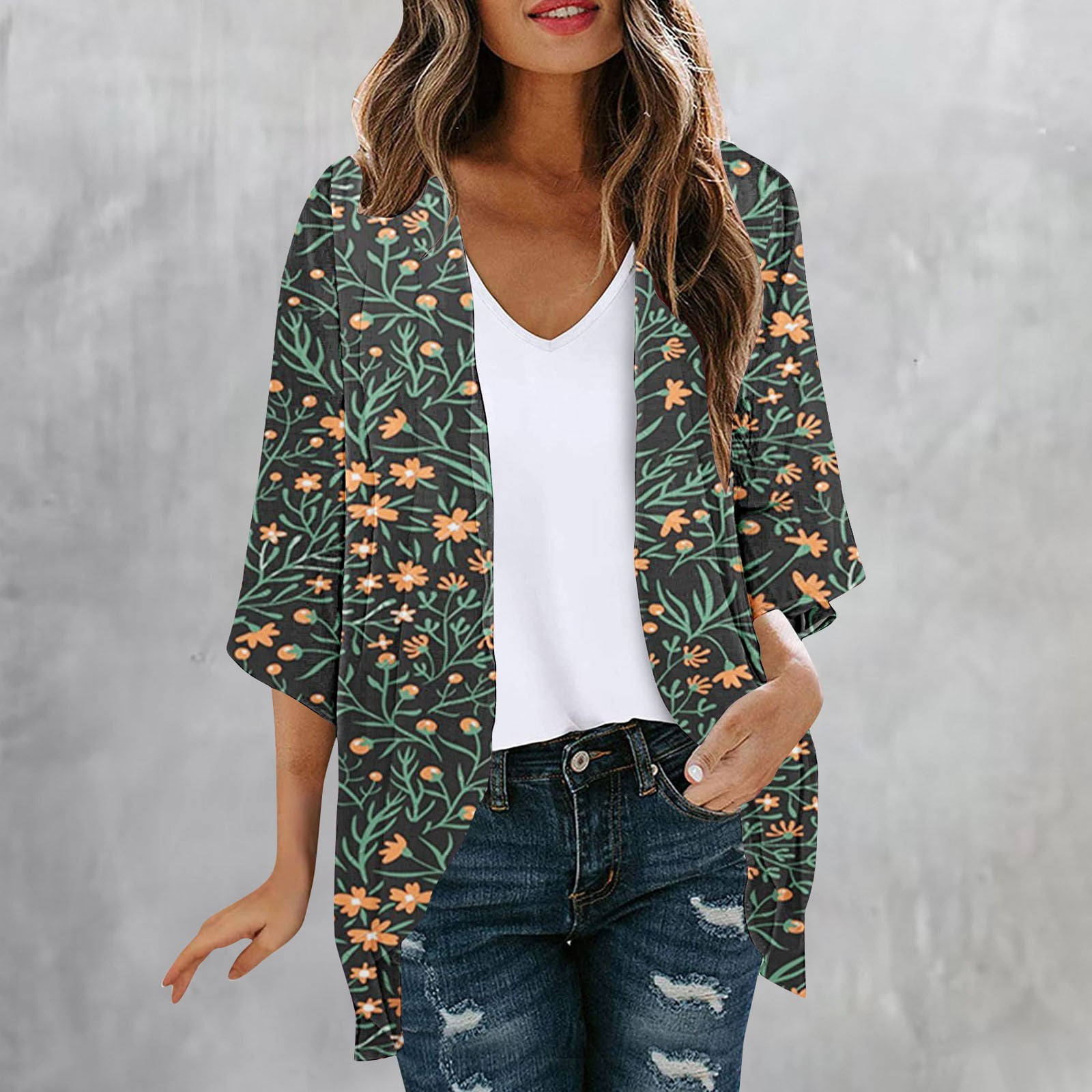 Dolkfu Kimonos for Women Floral Print Puff Sleeve Cardigan Loose ...