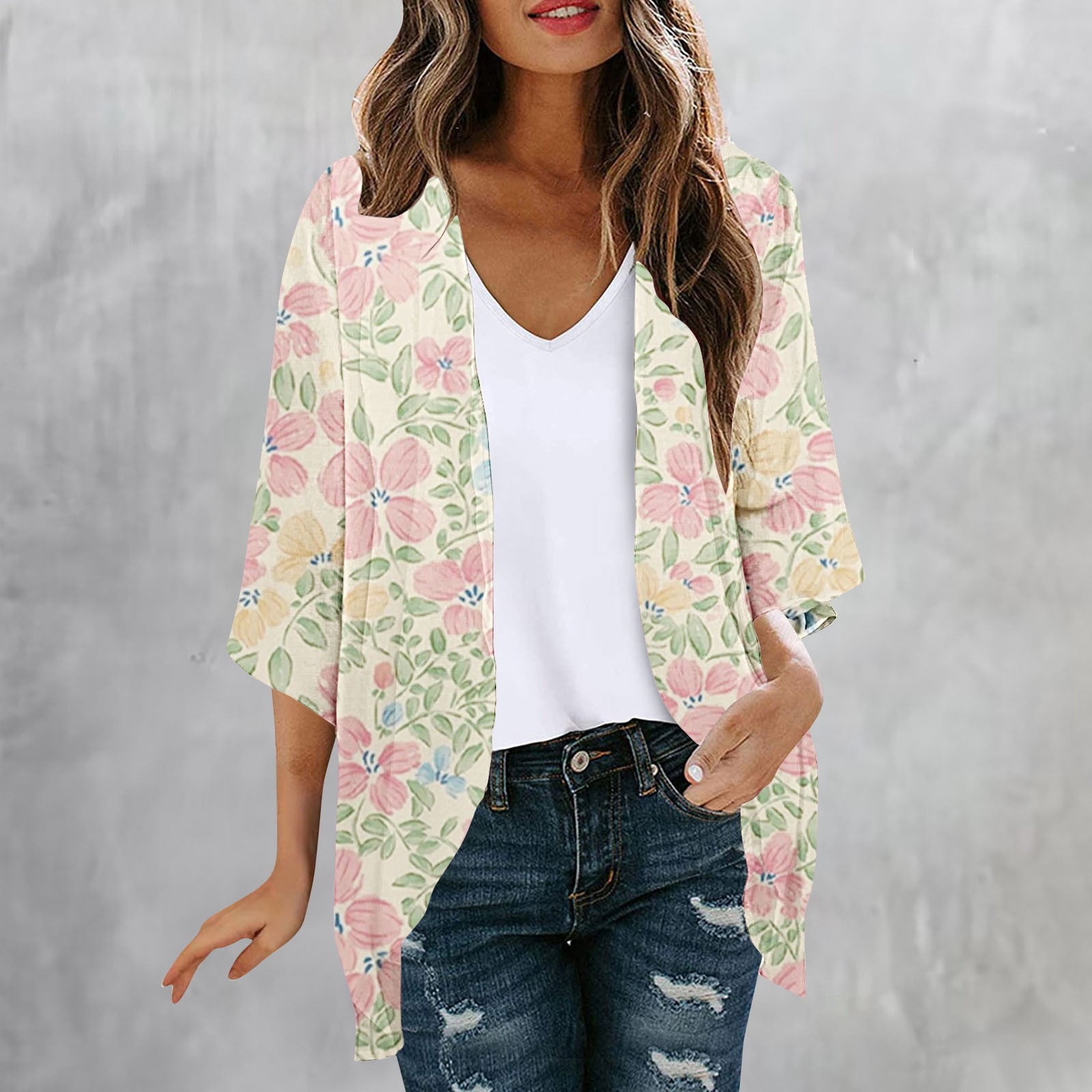 Dolkfu Kimonos for Women Floral Print Puff Sleeve Cardigan Loose ...