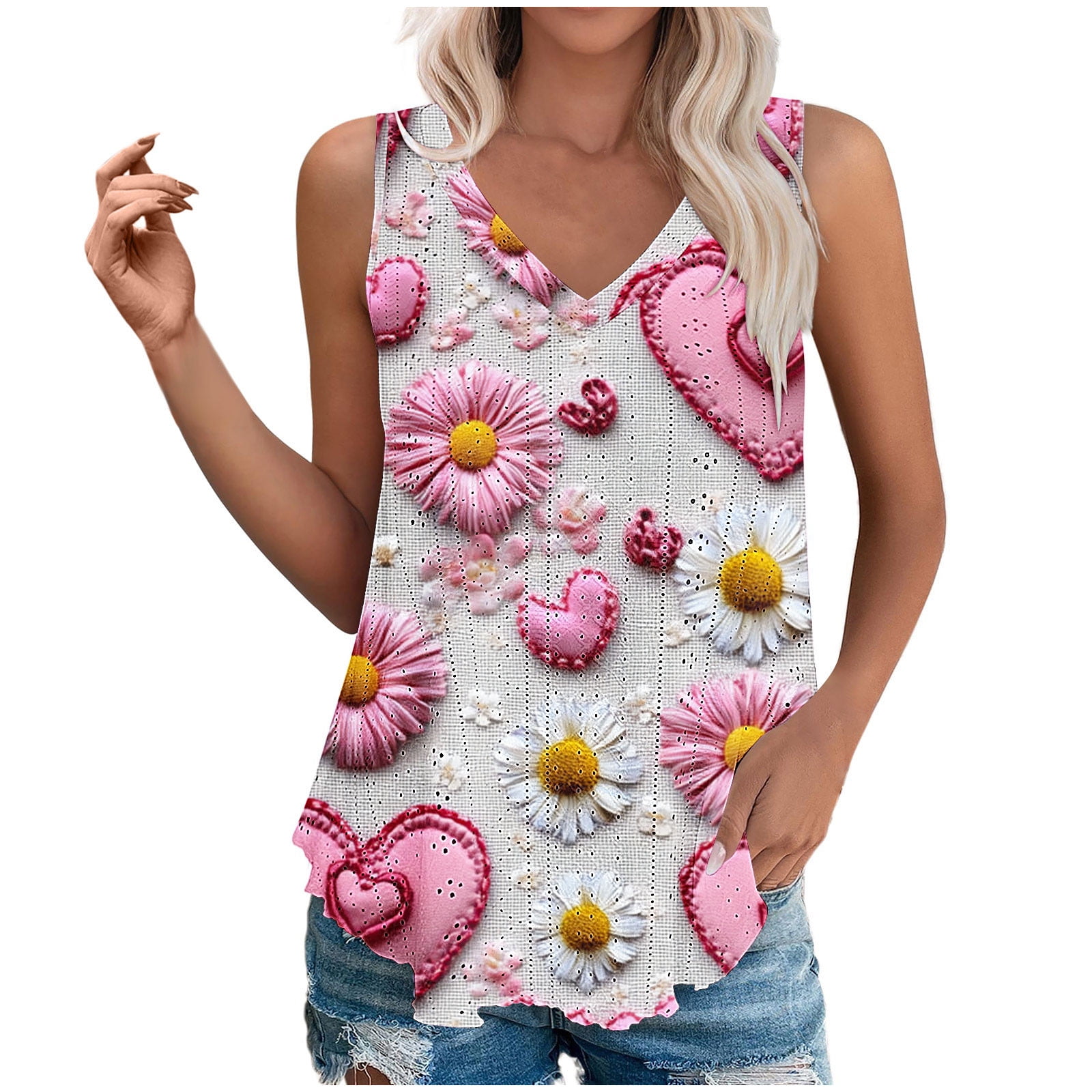 Dolkfu Ladies Tops Sleeveless V Neck Loose Fit Eyelet Embroidery Flower ...