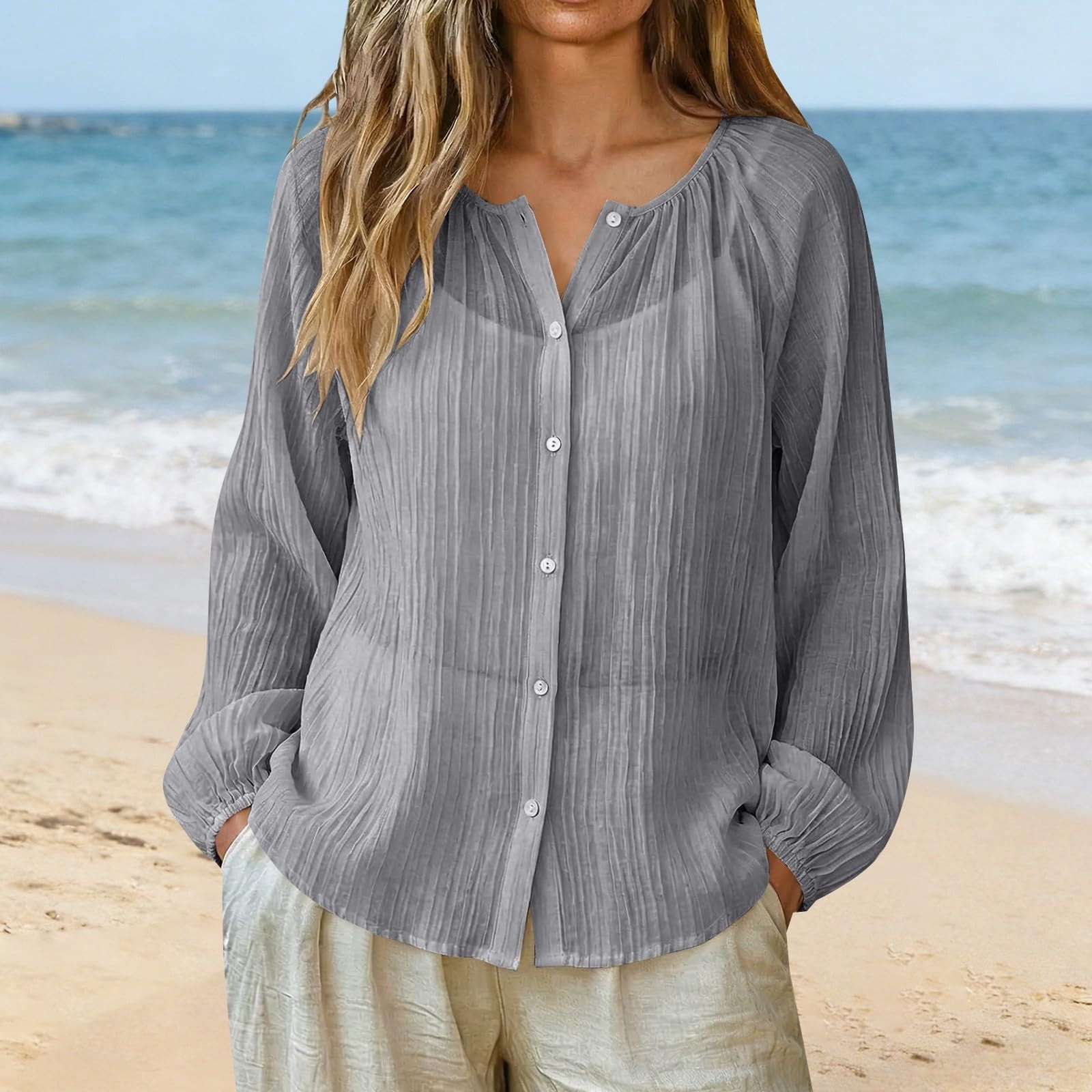 Dolkfu Long Sleeve Tops for Women Trendy Minimalist Gray Crew Neck ...