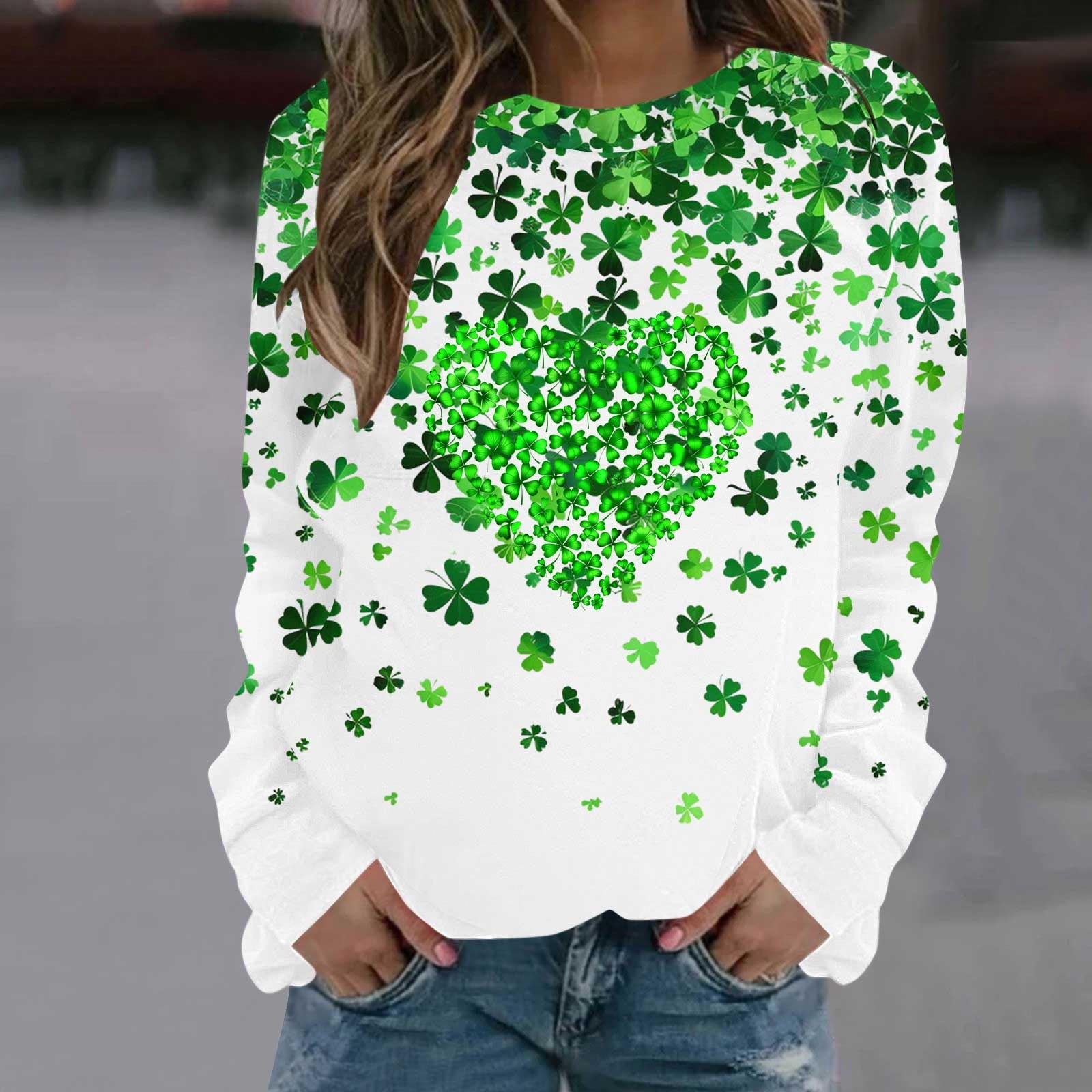 Dolkfu Long Sleeve Trendy Tops for Women 2025 Saint Patrick Crew Neck Clover Printed Loose Fit ...