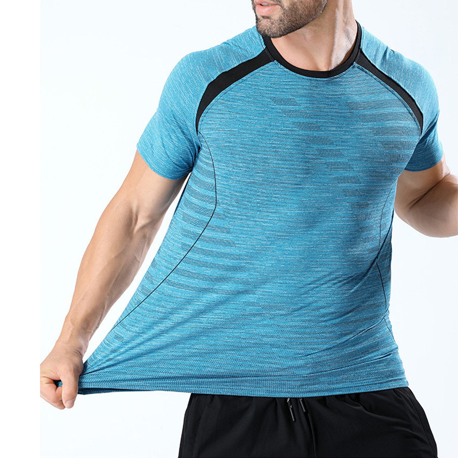 Dolkfu Men Shirts Blue Raglan Short Sleeve Striped Fitness Crew Neck ...