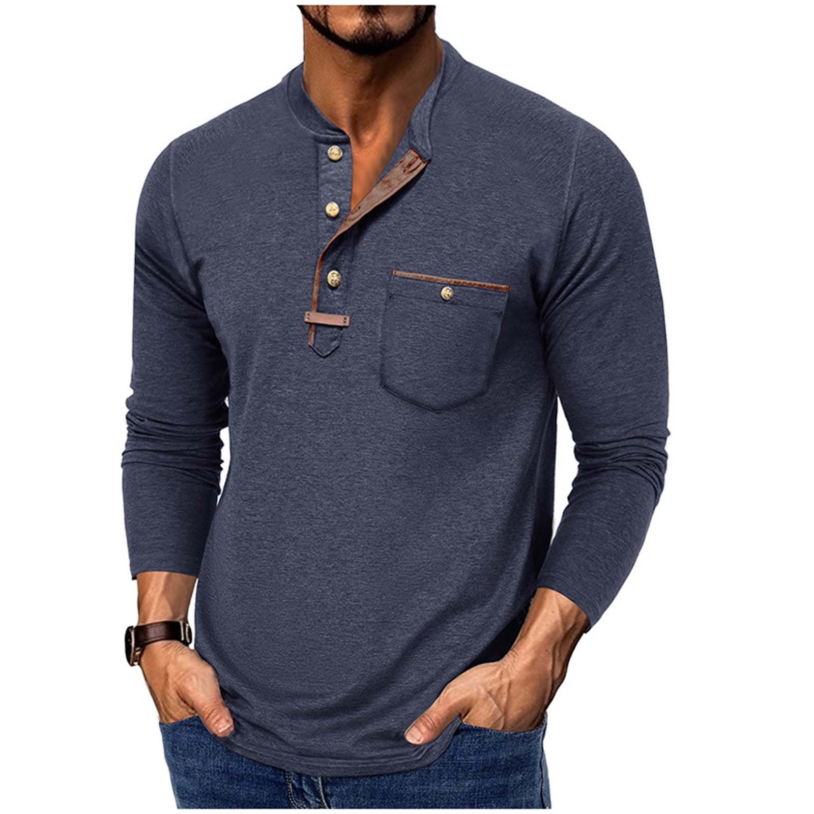 Dolkfu Men Tee Shirts Henley Long Sleeve Pocket Button up Solid T ...