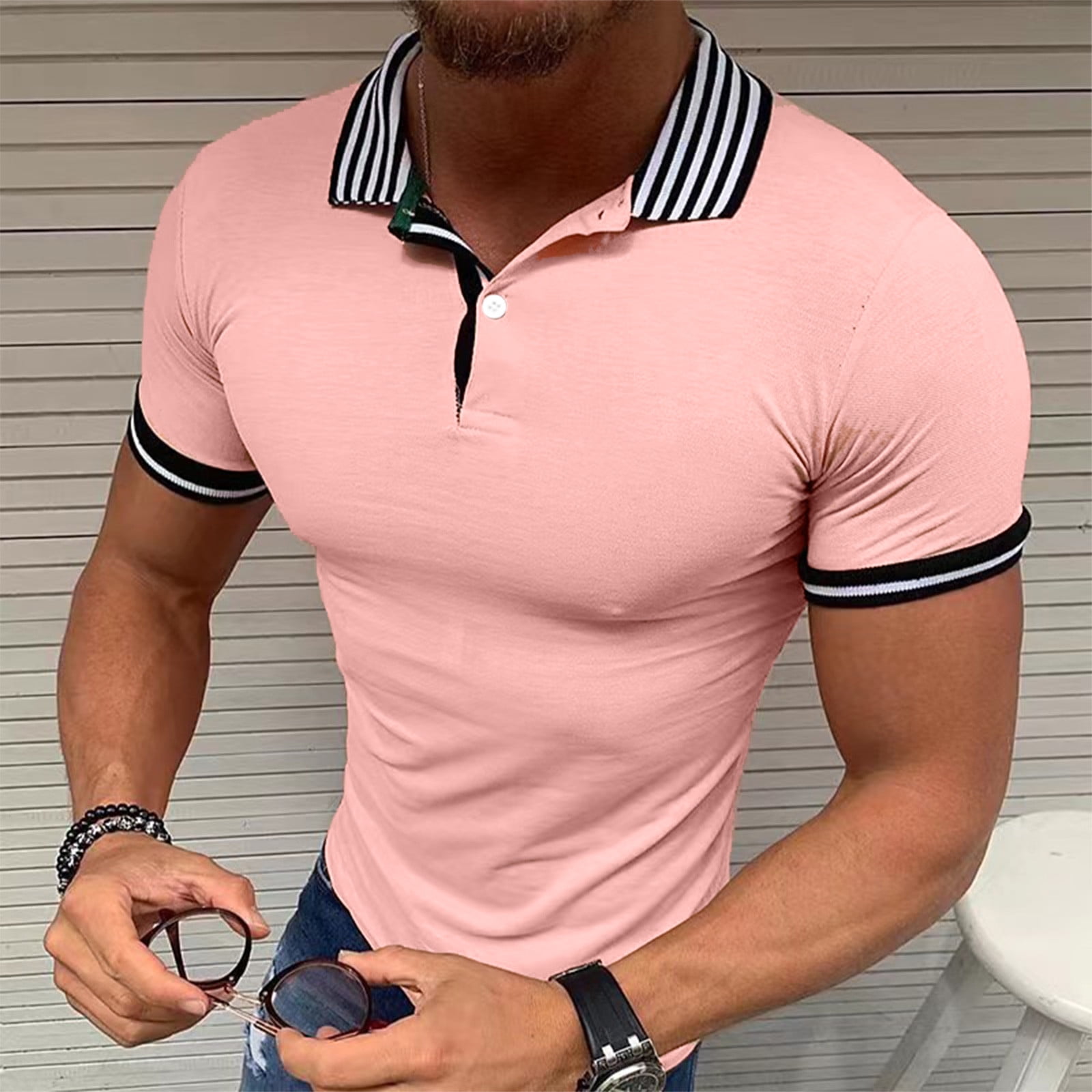Dolkfu Mens Shirt Short Sleeve Pink Stretch Athletic Muscle Fit Striped ...