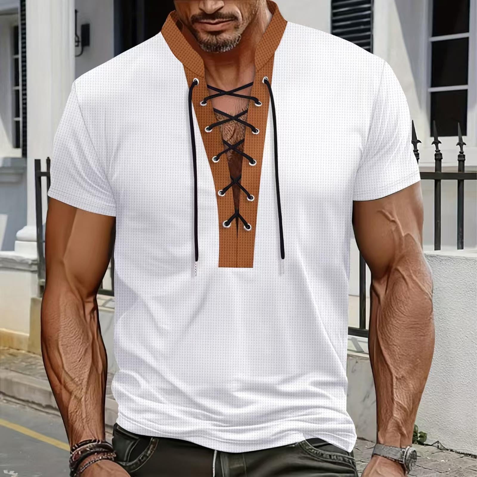 Dolkfu Mens Shirts Casual Short Sleeve Lace-up V Neck Color Block Band ...