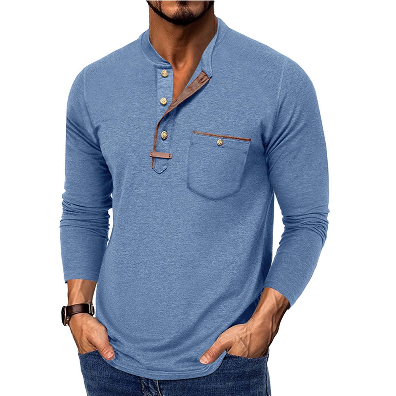 Dolkfu Mens Summer Shirts Henley Pocket Solid Long Sleeve Button up T ...